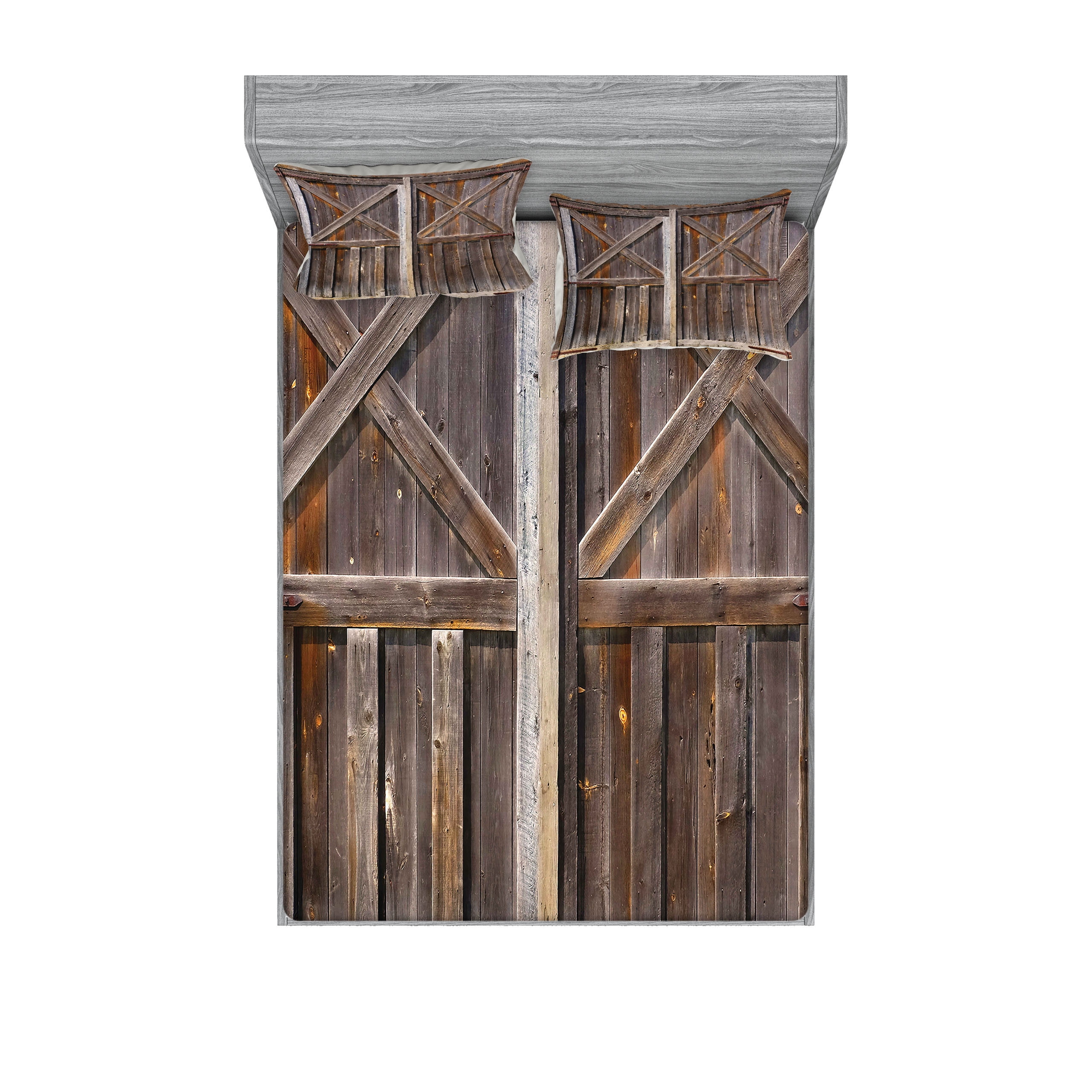 Rustic Fitted Sheet & Pillow Sham Set, Old Wooden Barn Door of ...