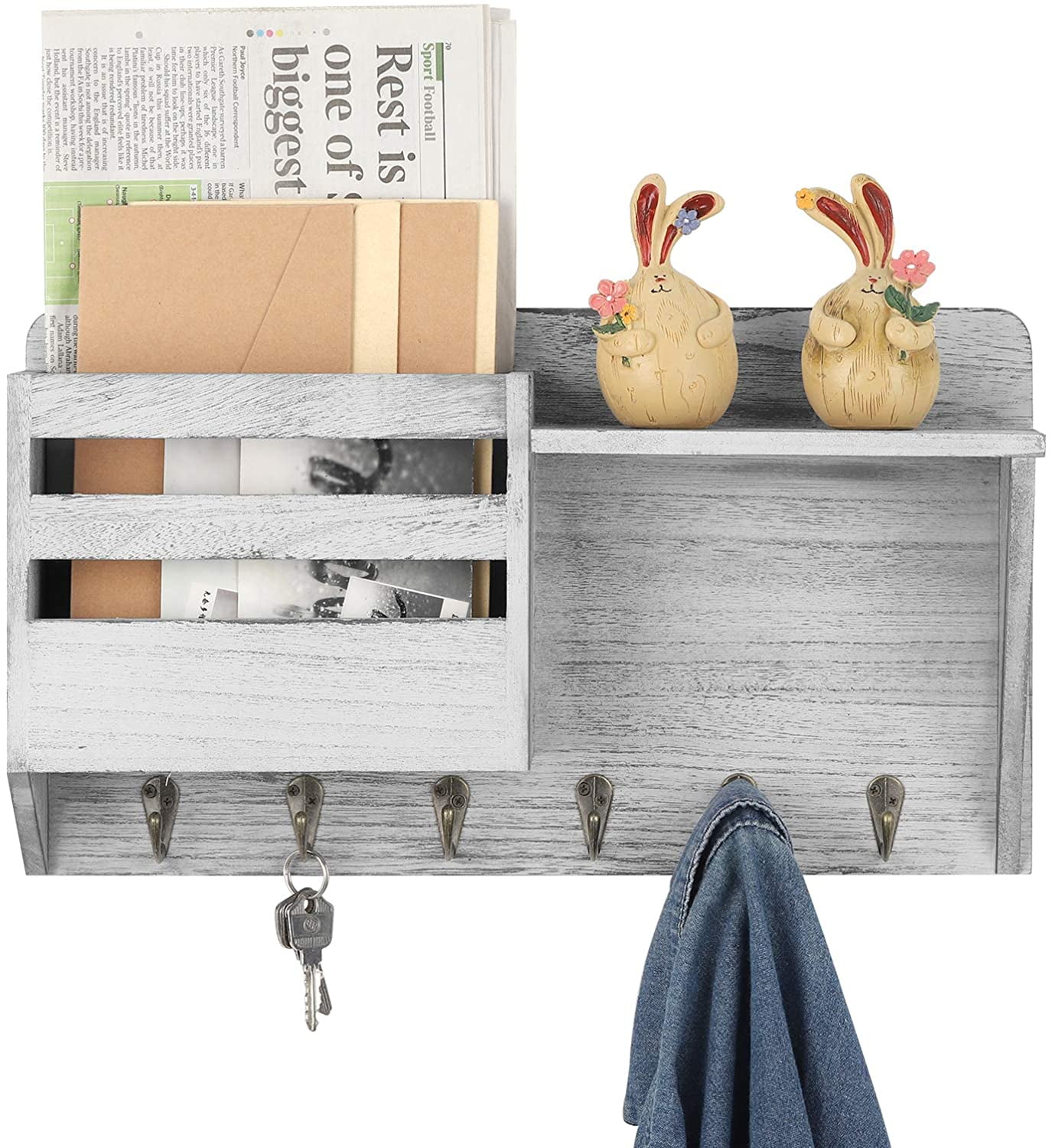 Rustic Floating Shelf Wall-Mounted Wooden Mail Sorter With 6 Key Hooks ...
