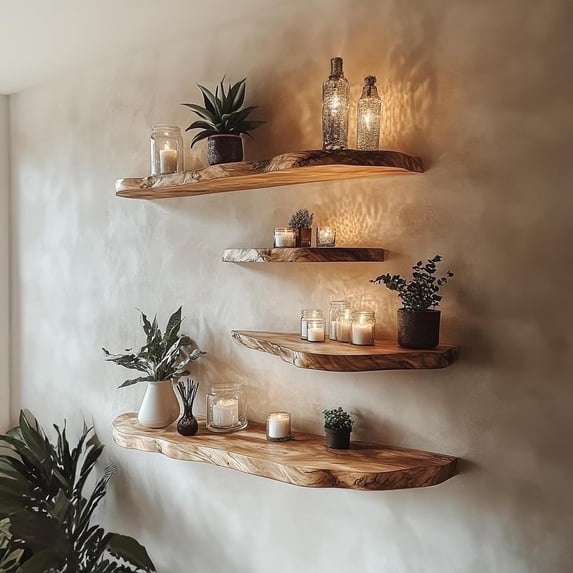 Rustic Floating Wall Shelf, Solid Wood, Live Edge Design, Natural Wood ...