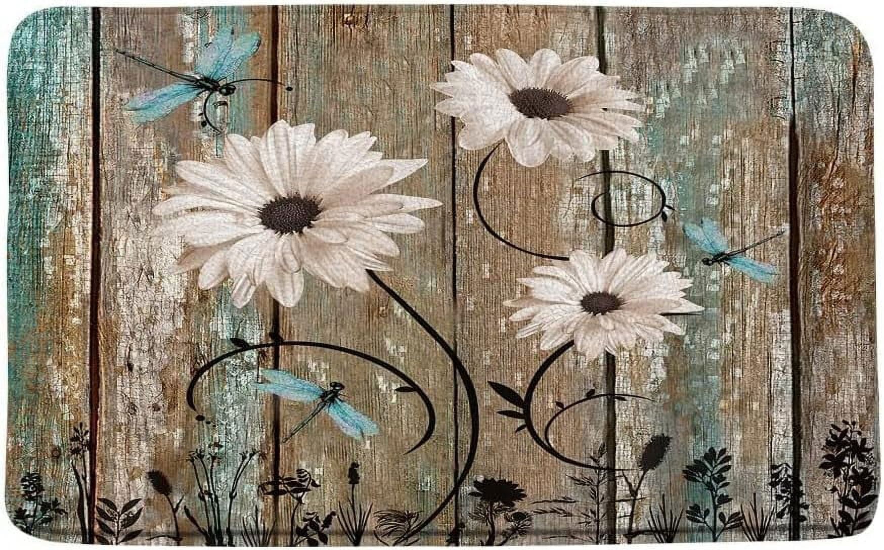 Rustic Floral Bath Mat Daisy Flower Dragonfly Old Barn Wooden Plank ...