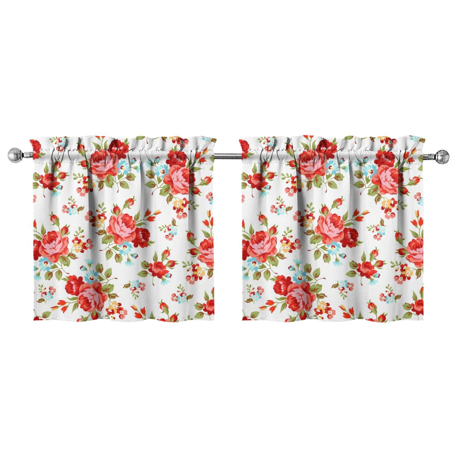 Rustic Floral Kitchen Curtains 2 Pack - 27.5x24 Inch Farmhouse Floral ...