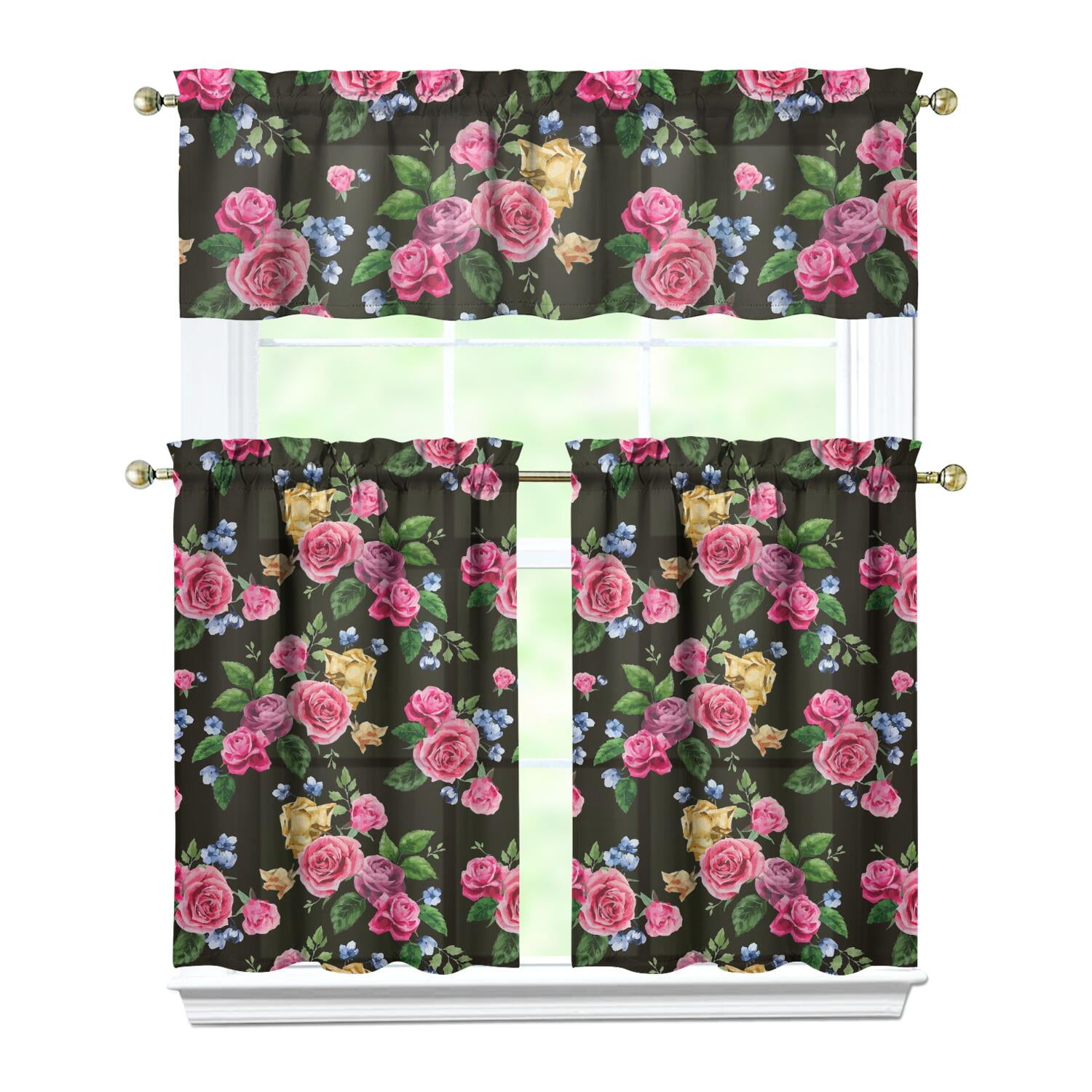 Rustic Floral Kitchen Curtains 3-Piece Set Semi-Sheer Rod Pocket Design ...