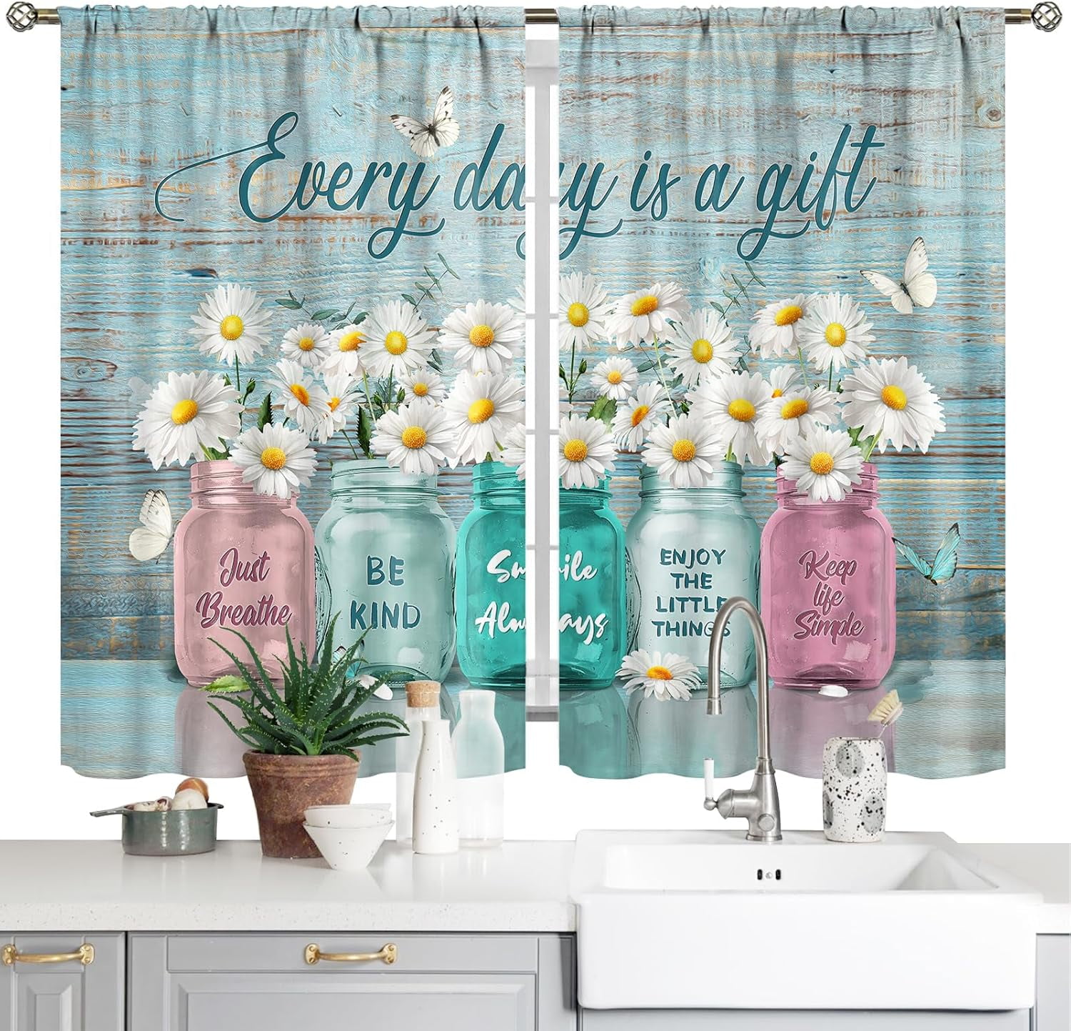 Rustic Floral Kitchen Curtains Flower Inspirational Small Short Cafe ...