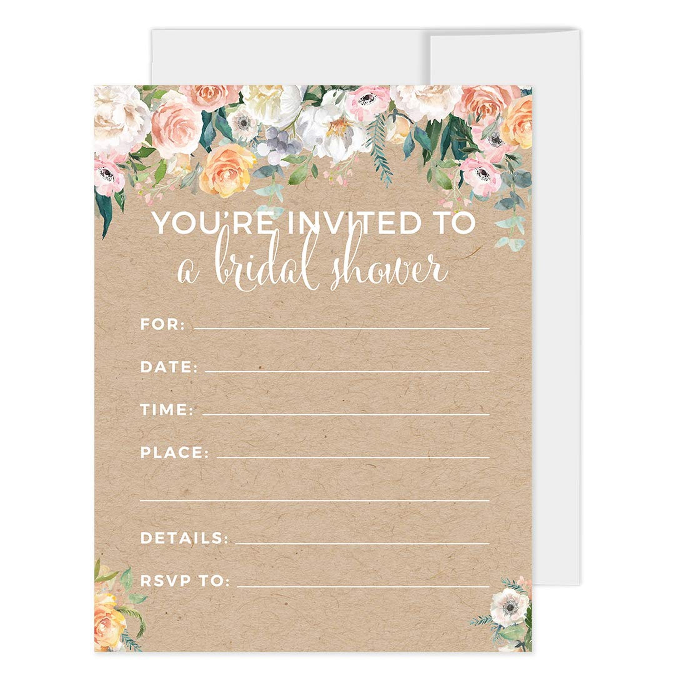 Rustic Floral Peach Coral Wedding Invitations Set, 20-Pack Blank Bridal ...