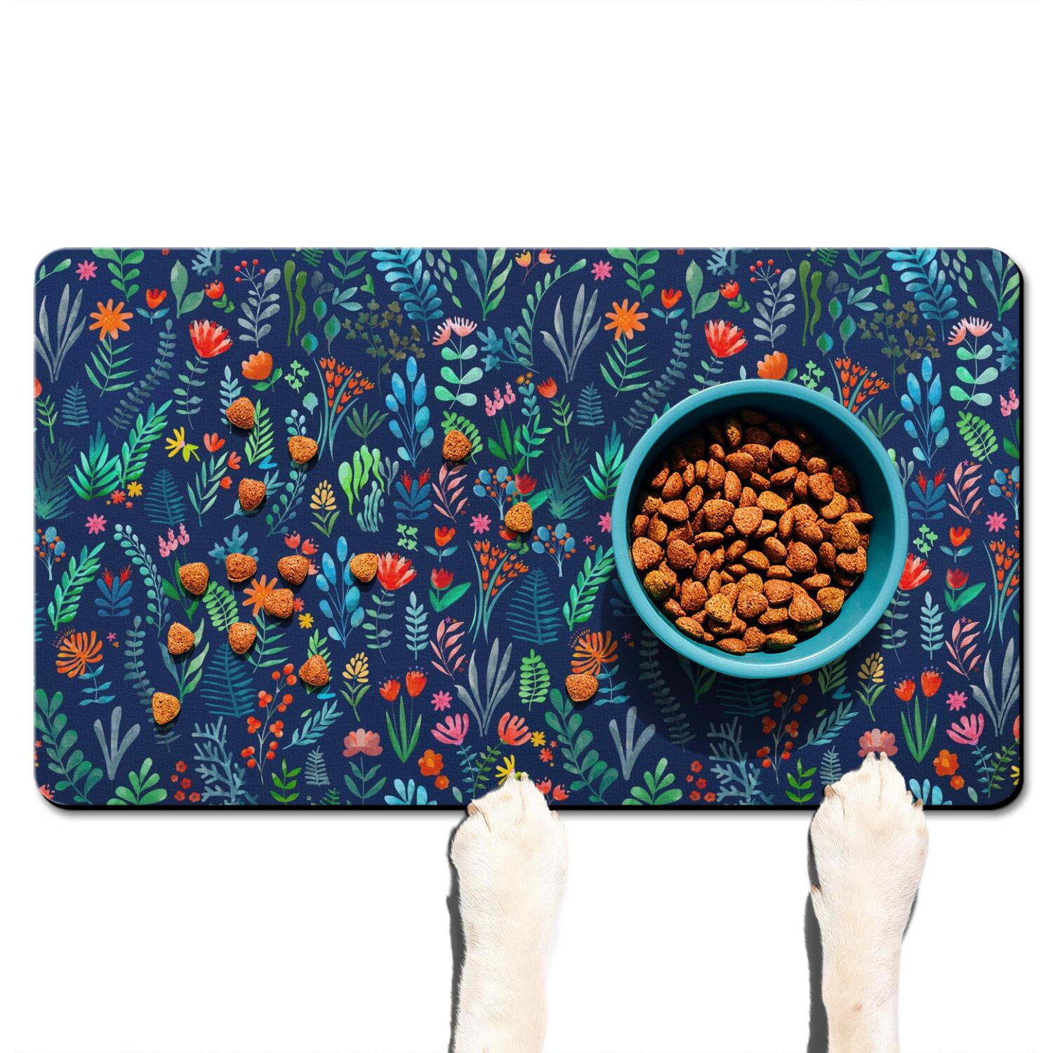 Rustic Floral Pet Food Mat - Non-Slip Dog Feeding Mat with Botanical ...