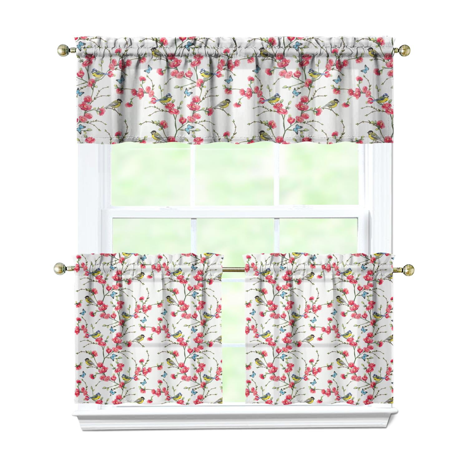 Rustic Floral Print Curtains 24 Inch - 3 Panel Vintage Country Set with ...
