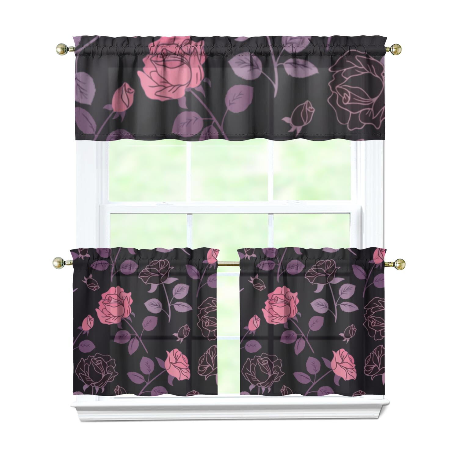 Rustic Floral Print Curtains 24 Inch - 3 Panel Vintage Country Set with ...