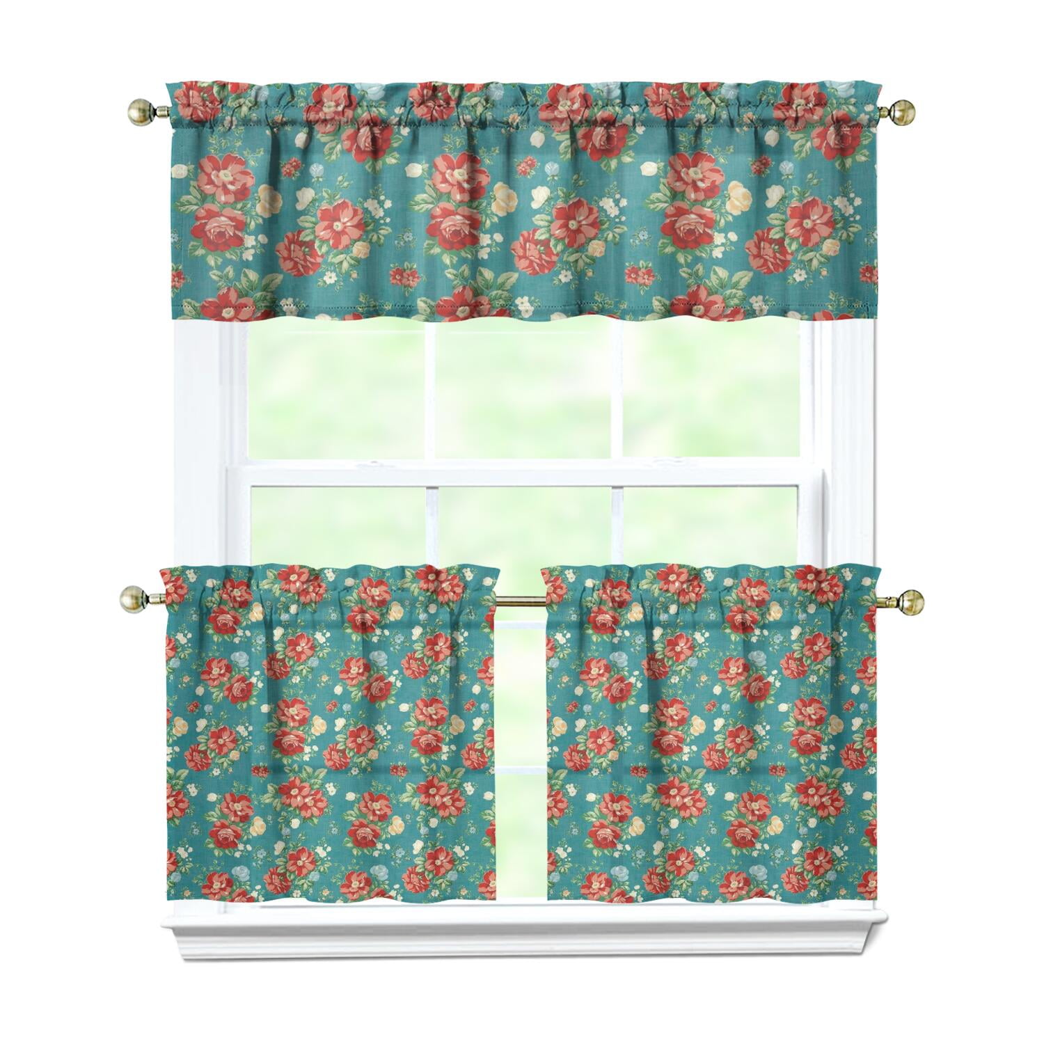 Rustic Floral Print Curtains 24" Short - 3 Panel Vintage Country Set ...