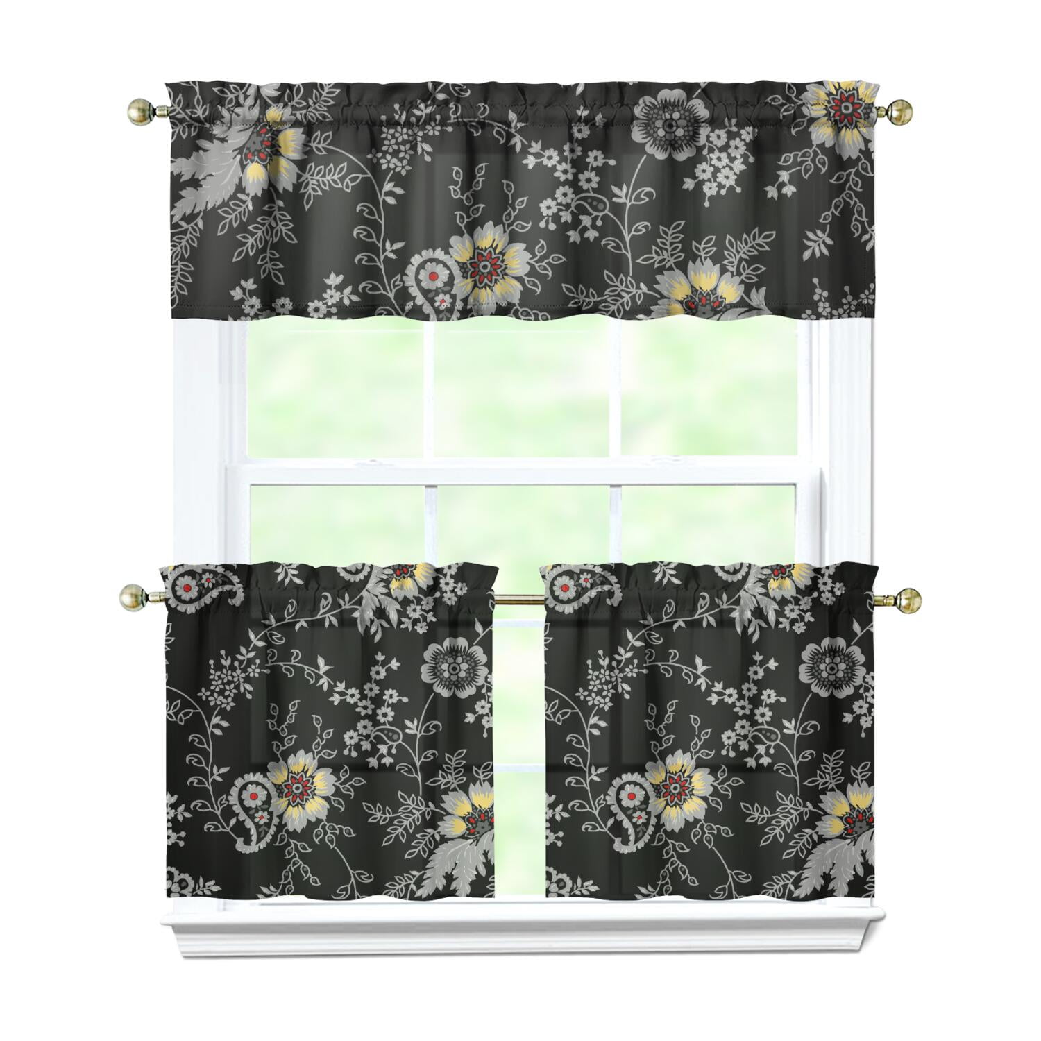 Rustic Floral Print Curtains 24" Short - 3 Panel Vintage Country Set ...