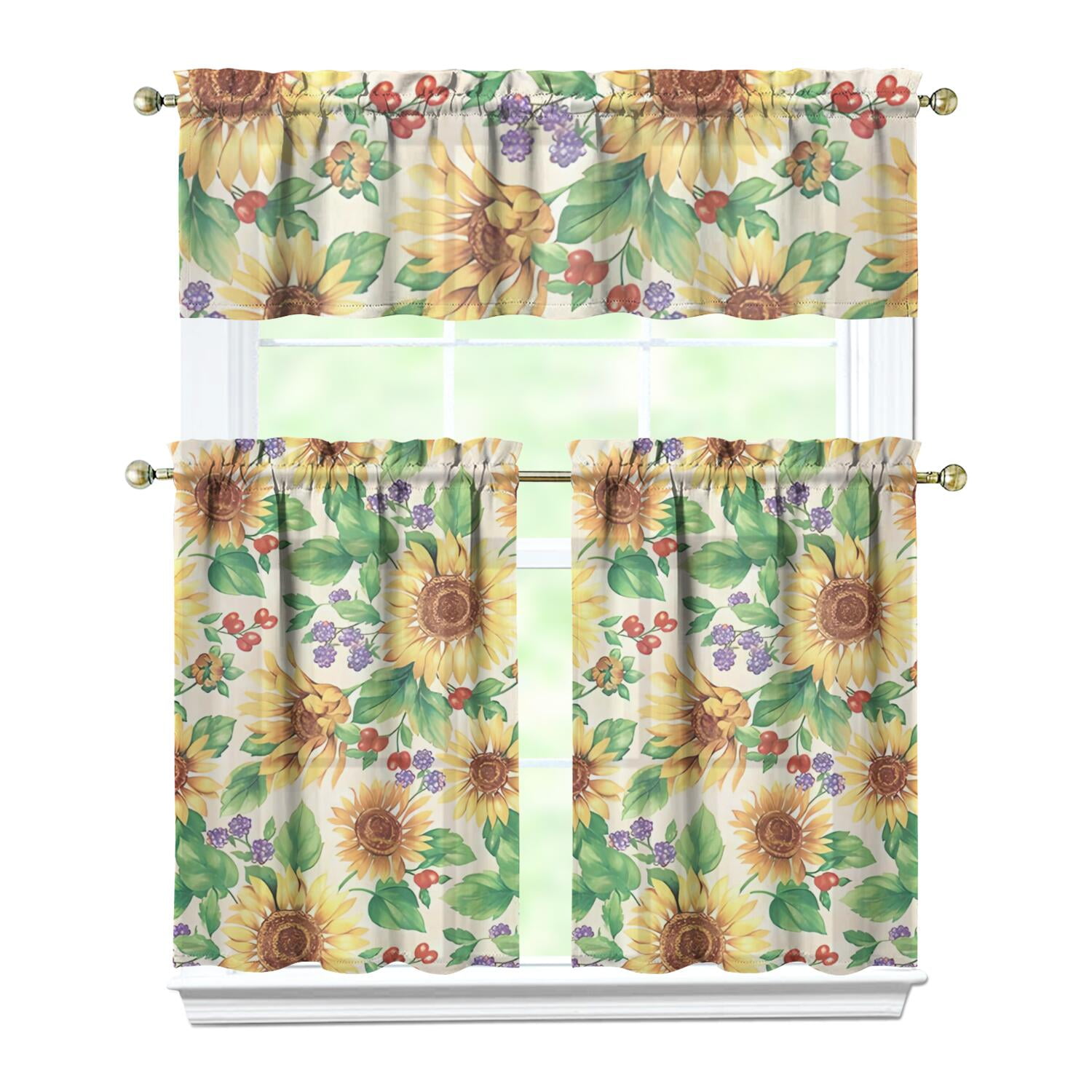 Rustic Floral Print Curtains 36 Inch Short - 3 Panel Vintage Country ...