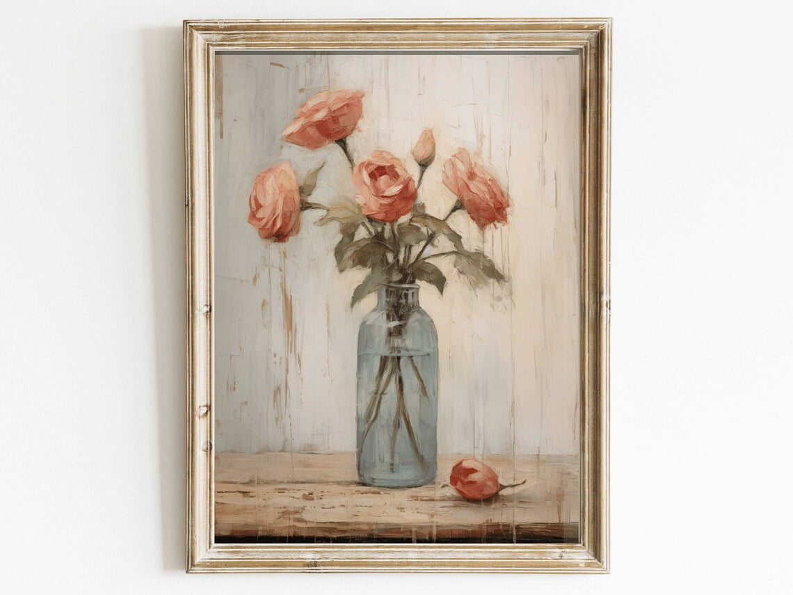 Rustic Floral Print, Pink Rosevintage Rose Print, Flowers In Vase ...