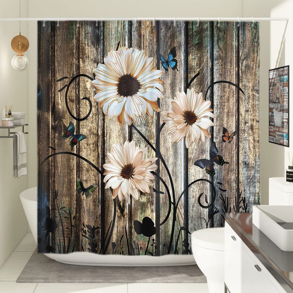 Rustic Floral Shower Curtain, Barn Wood Daisy Farmhouse Fabric Shower ...