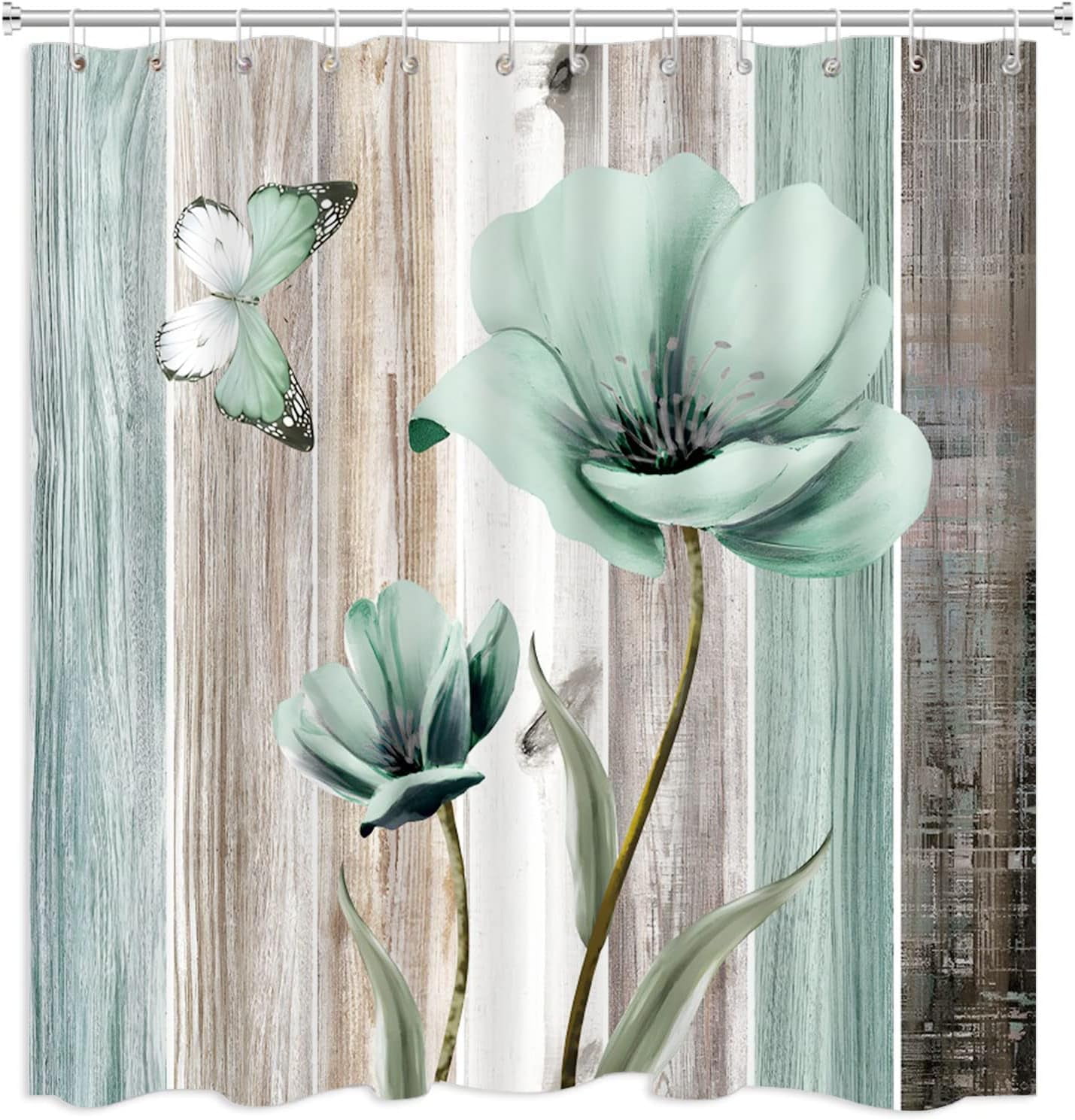 Rustic Floral Shower Curtain Green Tulip Flowers Butterfly Farmhouse ...