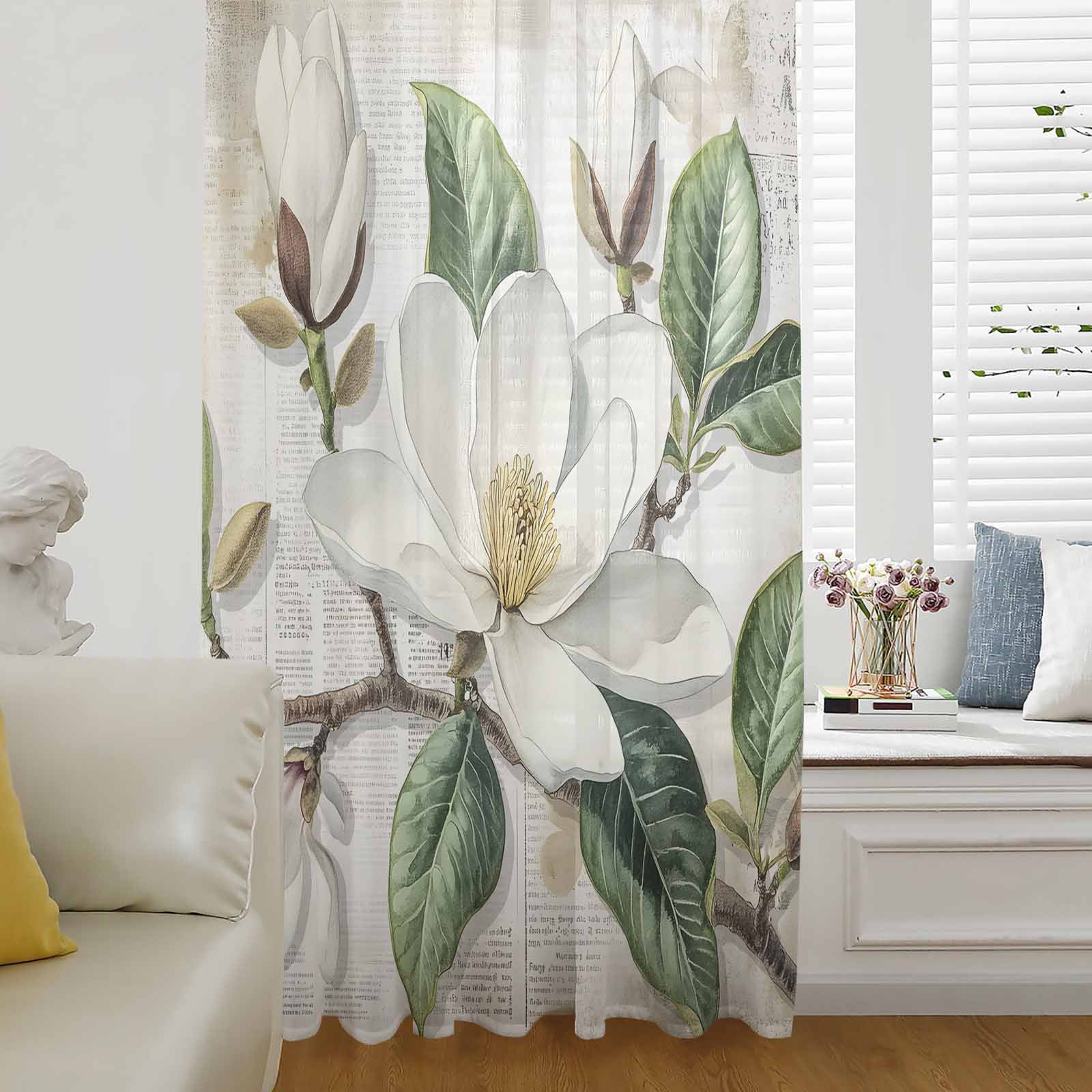 Rustic Floral Window Curtain 96 Inches Long,White Botanical Flower ...