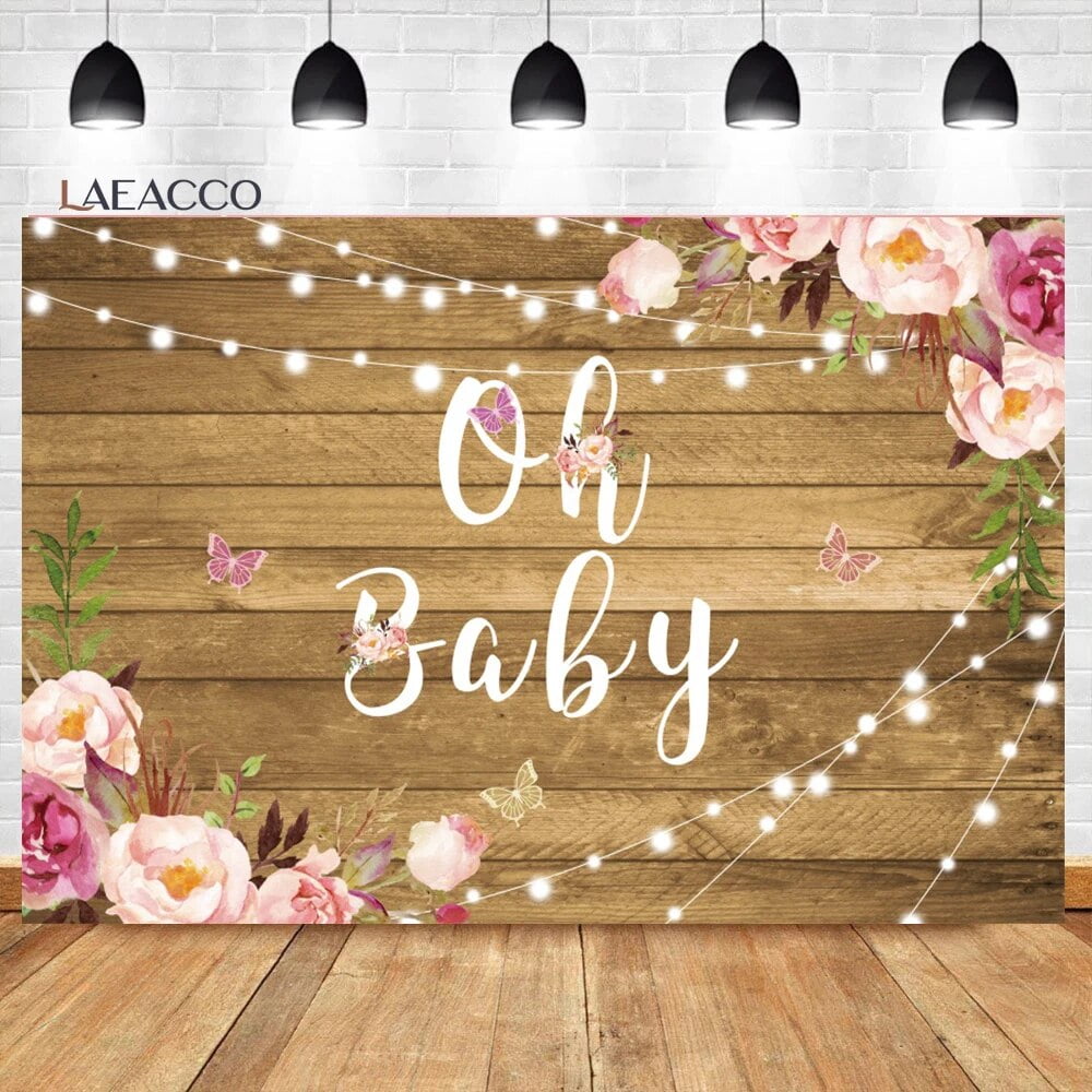 Rustic Floral Wood Board Baby Shower Backdrop Flowers Butterfly Grils ...