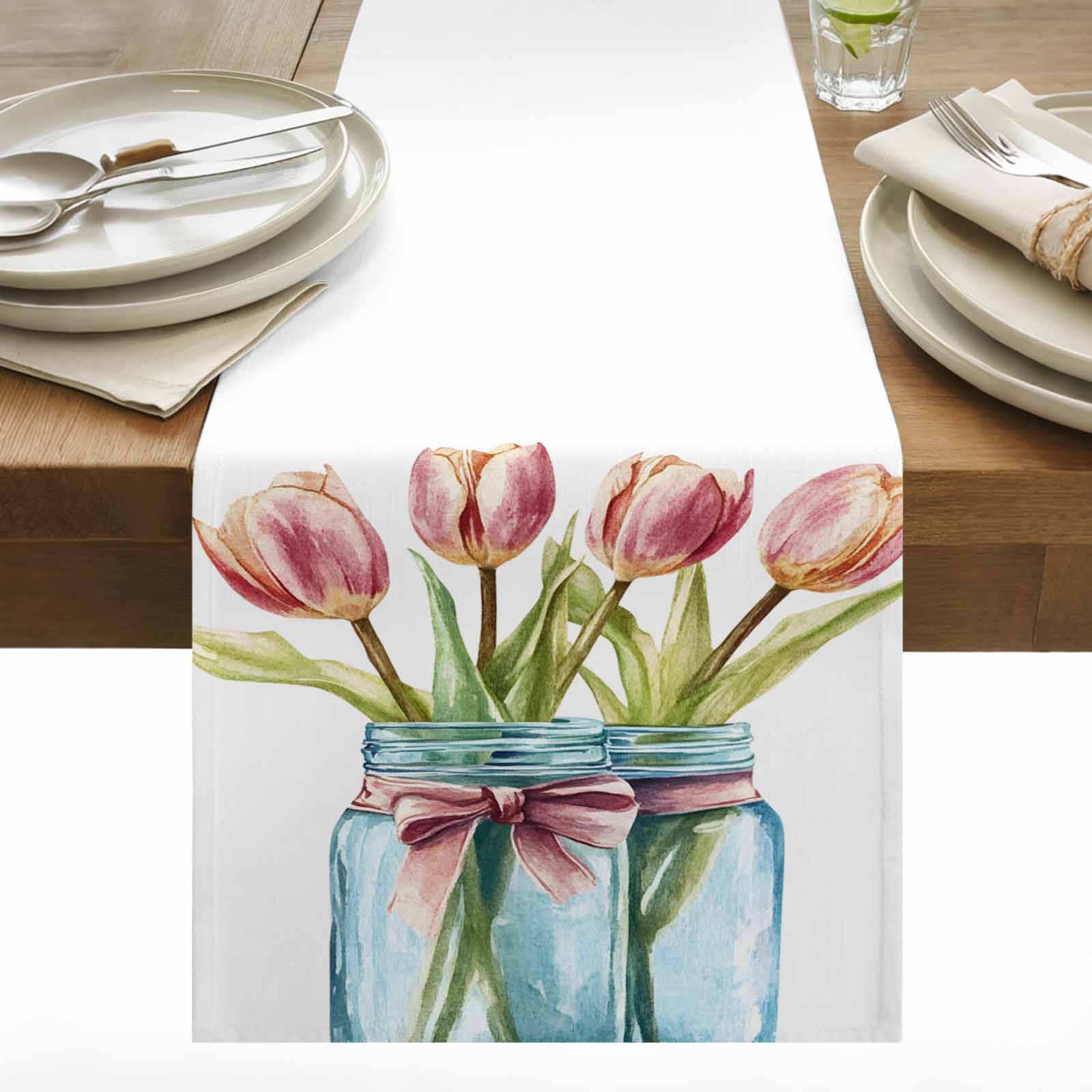 Rustic Flower Cotton Linen Table Runner Retro Watercolor Pink Floral ...