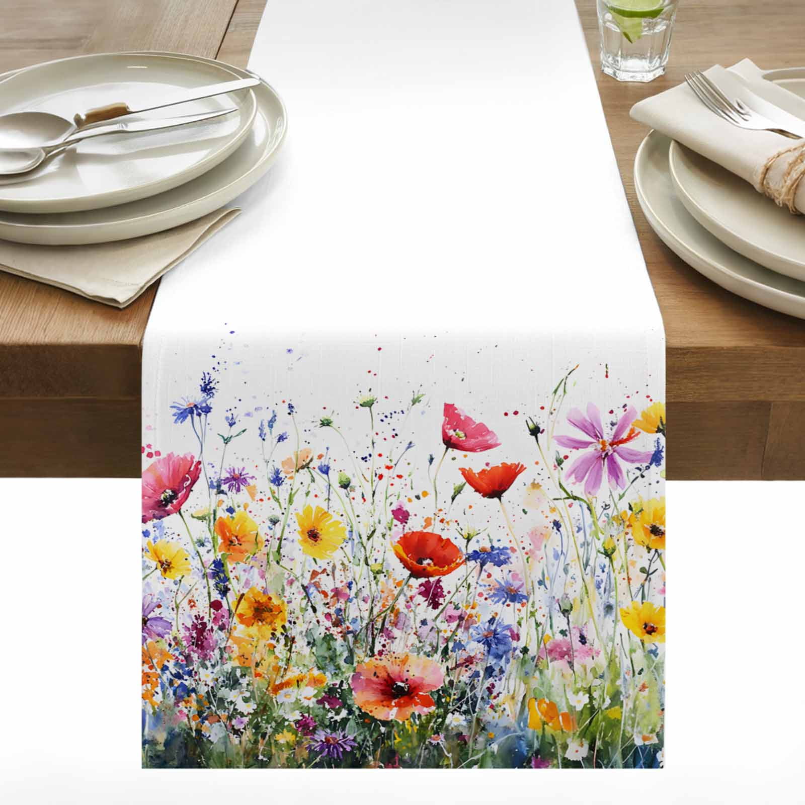 Rustic Flower Cotton Linen Table Runner Spring Summer Plant Dining Table Runners for Home Decor ...