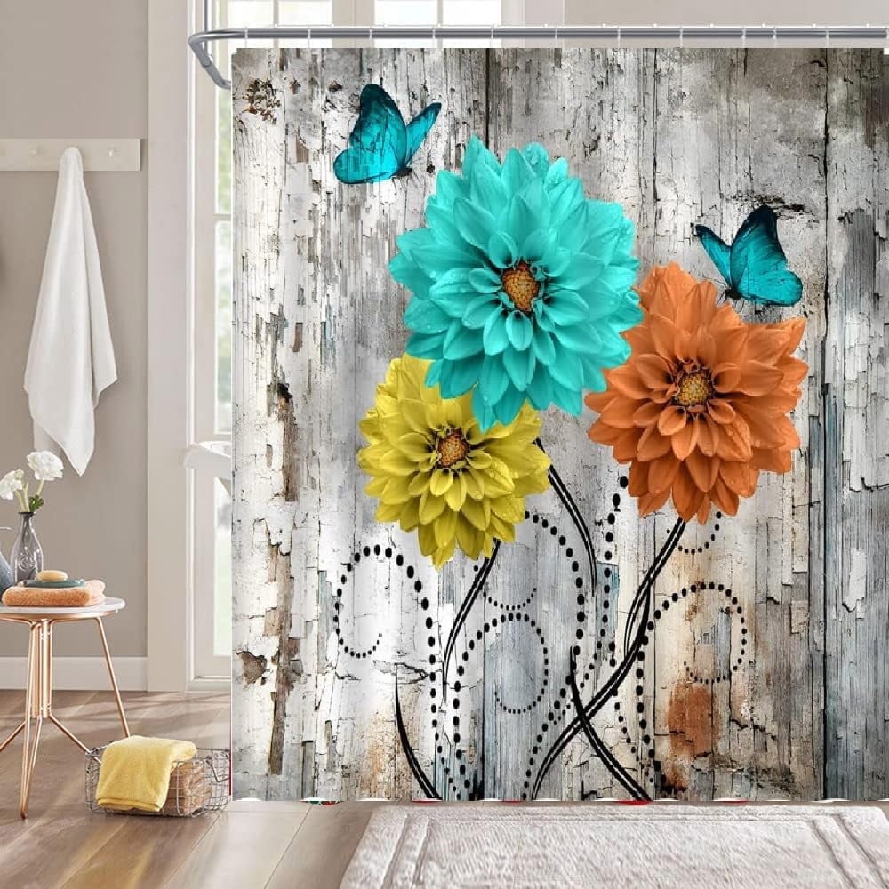 Rustic Flower Shower Curtain Turquoise Orange Yellow Floral Abstract ...