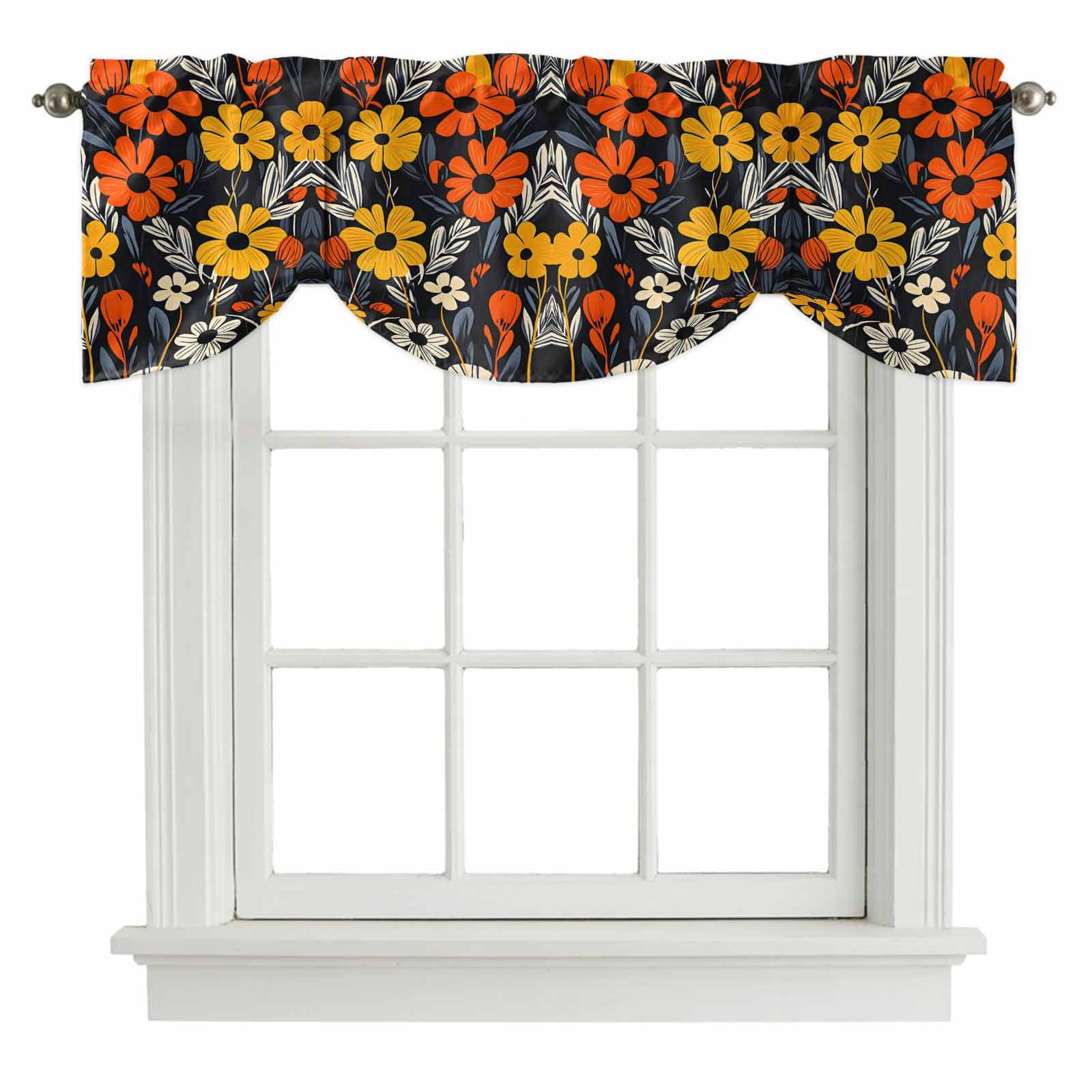 Rustic Flower Tie Up Valance for Windows, Orange Yellow White Floral ...