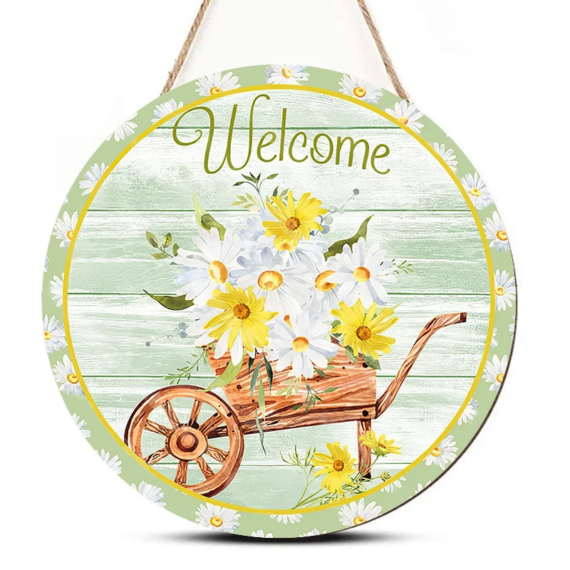 Rustic Flower Welcome Wall Hanging Decor Round Wood Art Plaques Sign ...