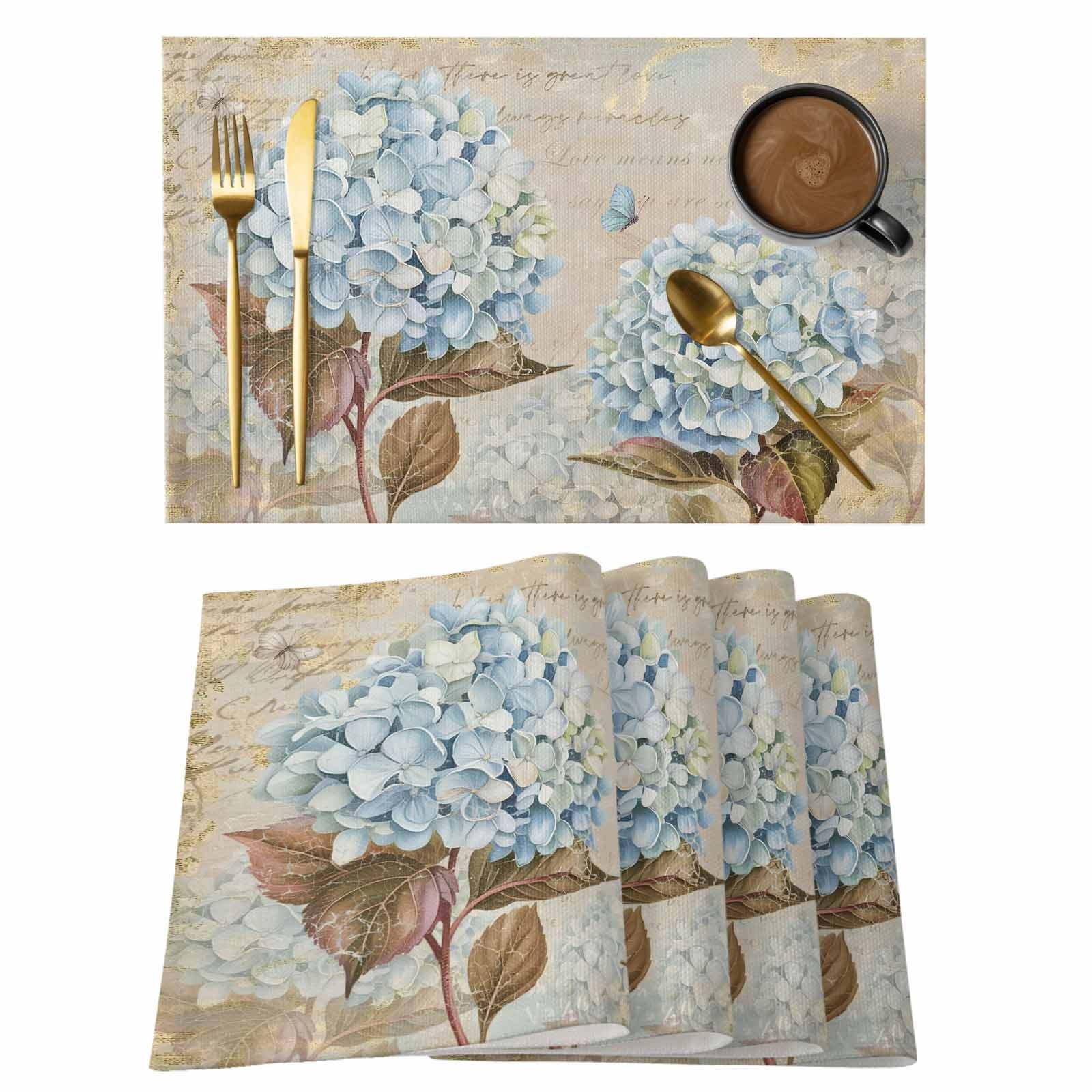 Rustic Flowers Placemats Set of 1, Spring Blue Hydrangea Butterfly ...