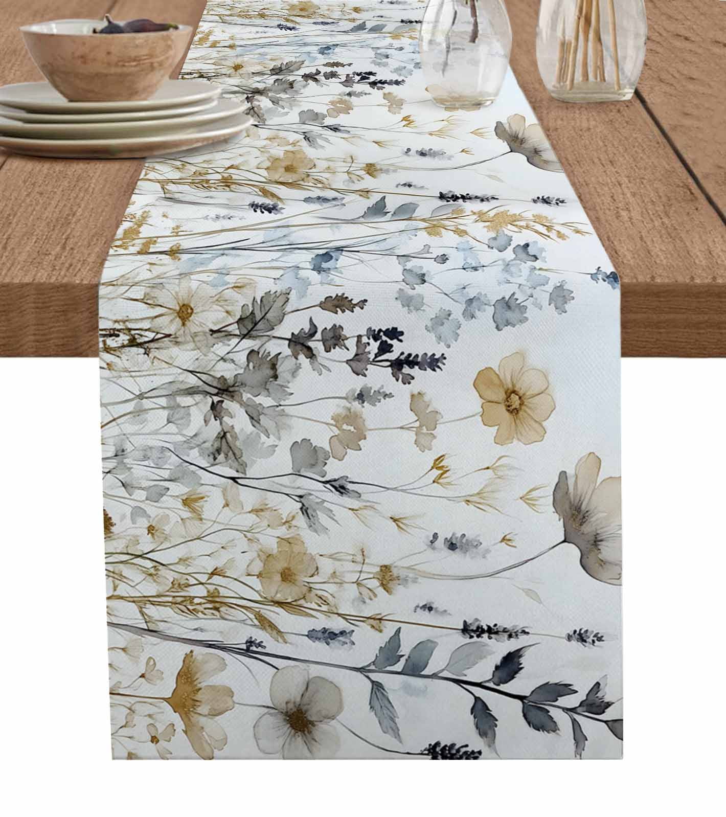 Rustic Flowers Table Runner 120 Inches, Watercolor Botanical Floral ...