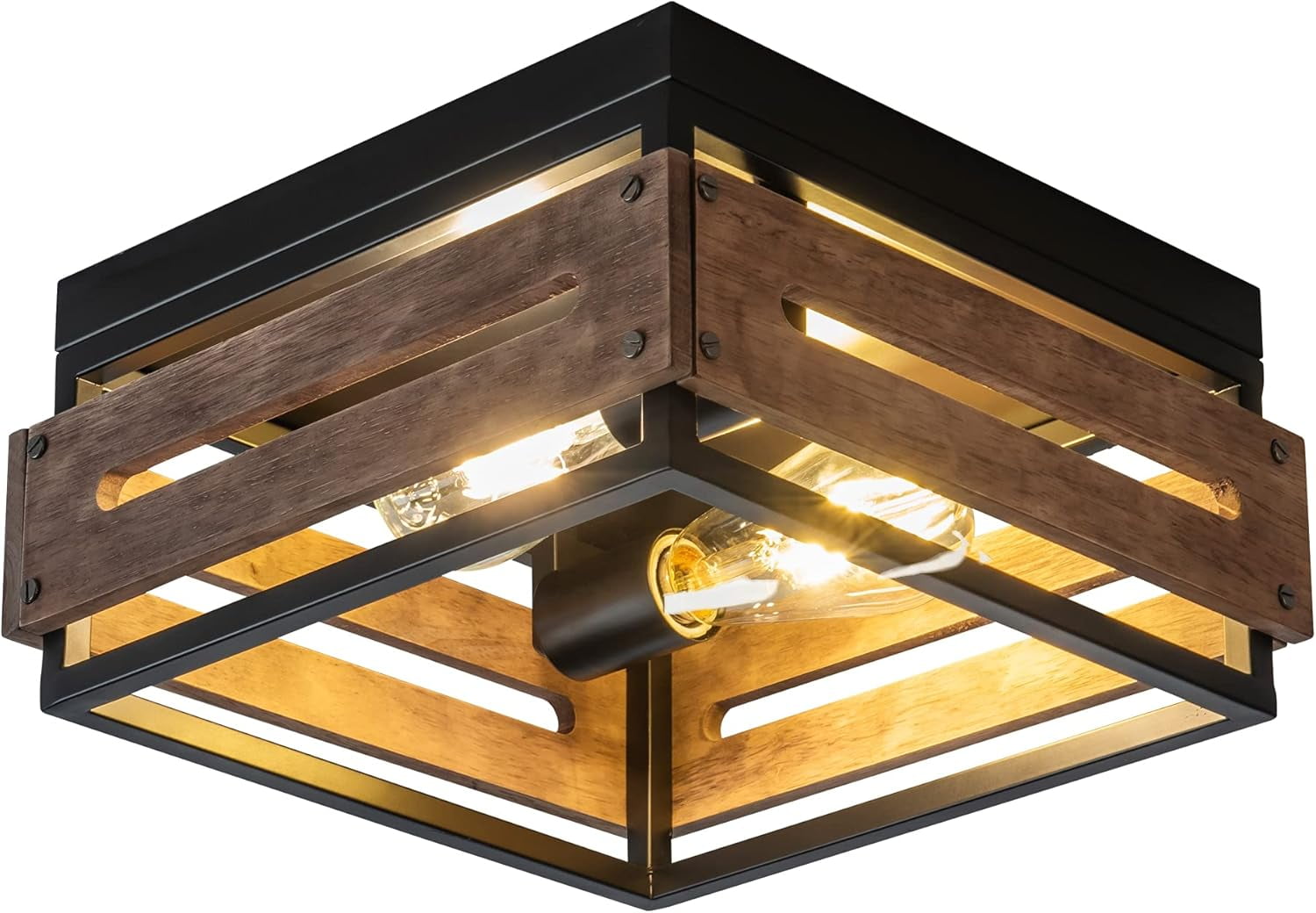 Rustic Flush Mount Ceiling Light with Black Metal and Wood Design, 2 ...