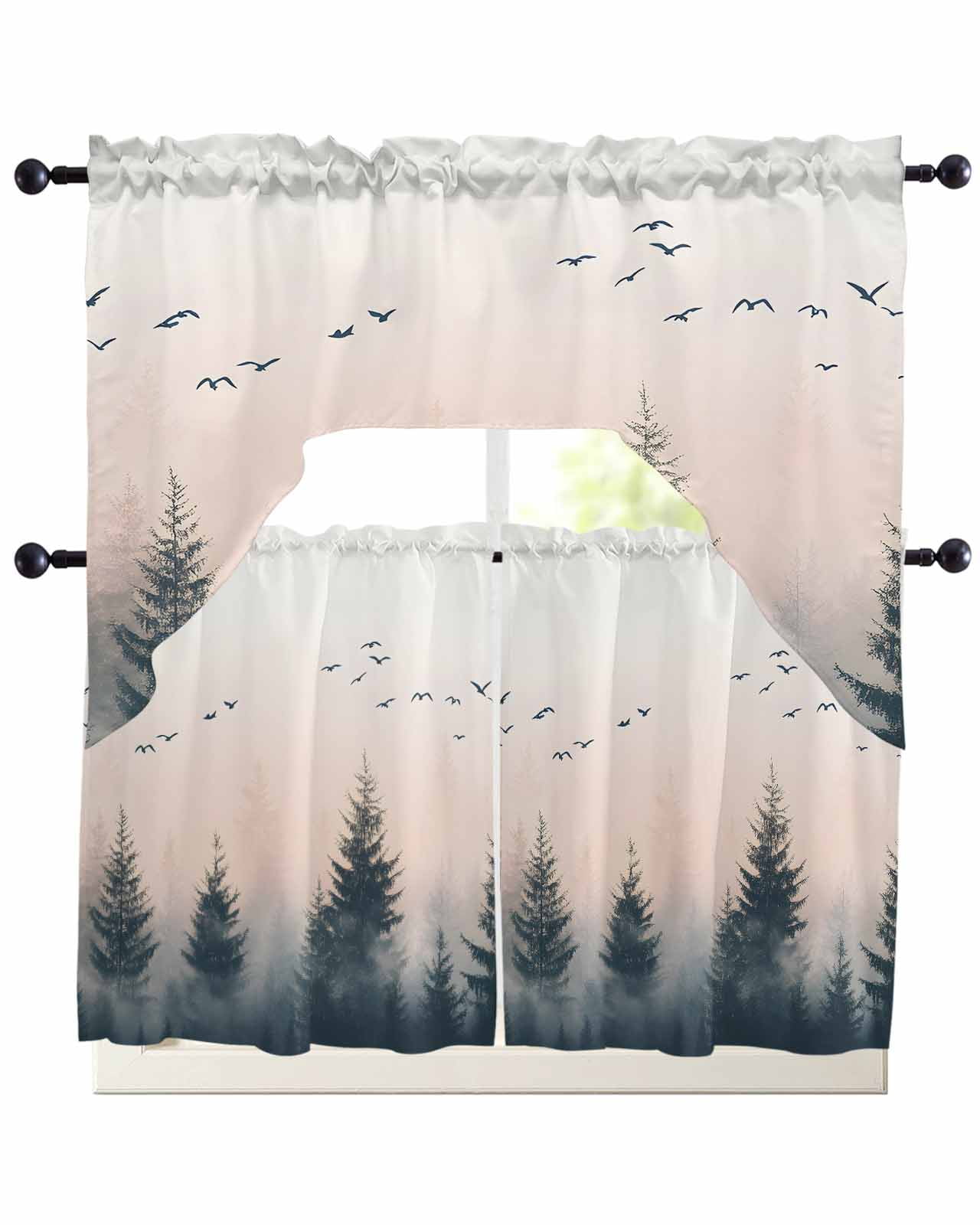 Rustic Foggy Forest Kitchen Curtains Swag Valance and Tier Curtains Set 36 Inch Length ...