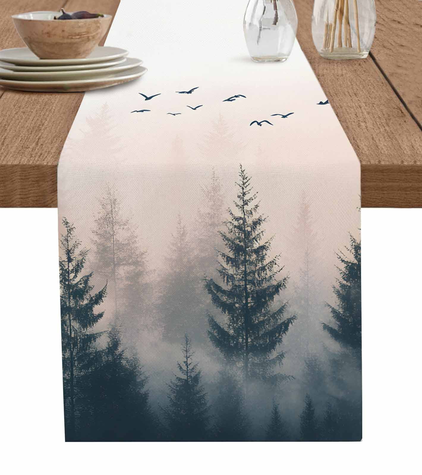 Rustic Foggy Forest Table Runner 90 Inches, Watercolor Trees Birds ...