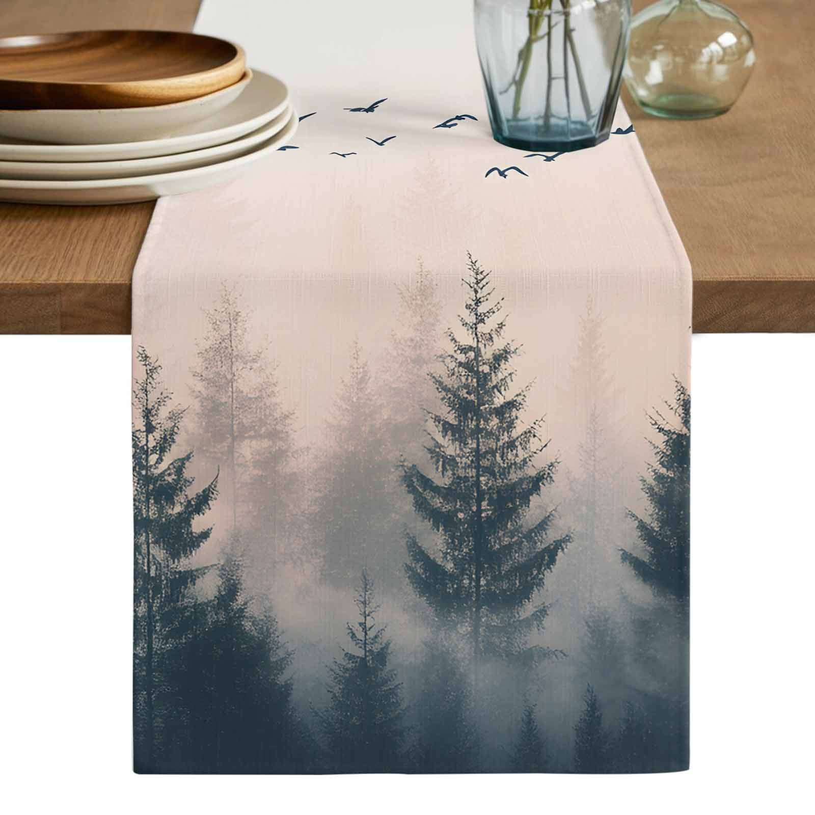 Rustic Foggy Forest Table Runner, Watercolor Trees Birds Landscape ...