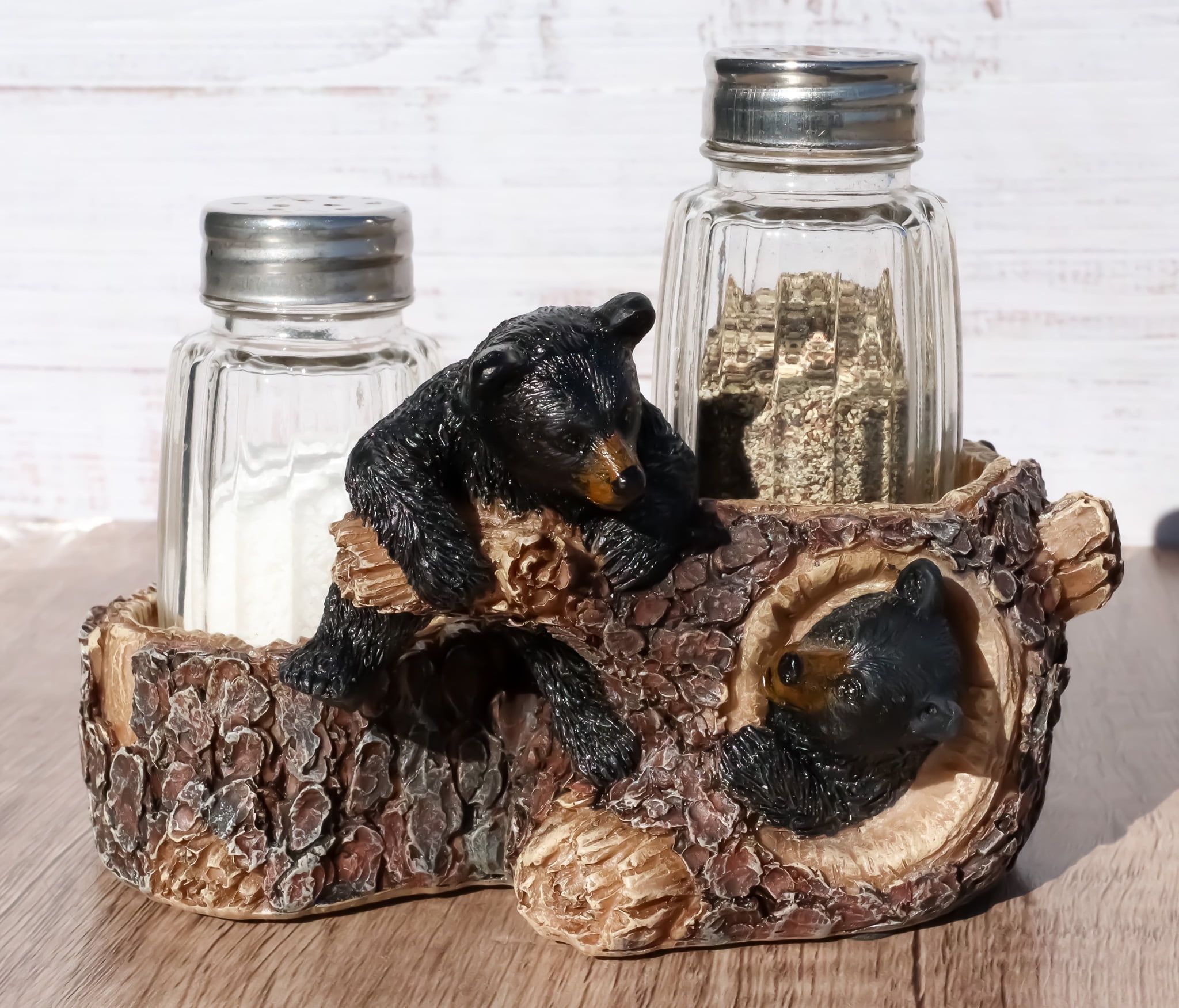 Rustic Forest 2 Black Bear Cubs Playing By Tree Logs Salt Pepper ...