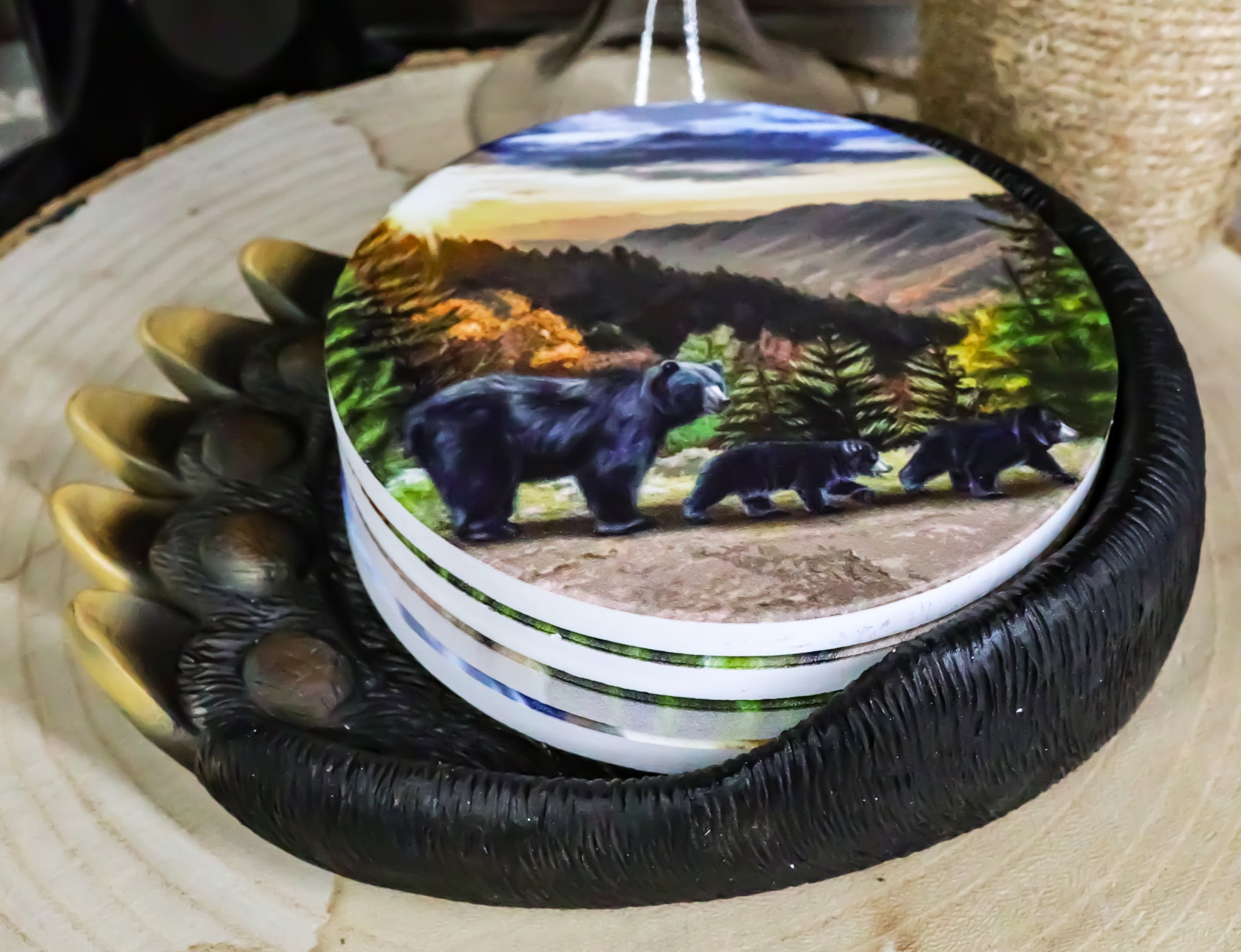 Rustic Forest Black Bear Clawed Paw Coaster Holder With 4 Trail Bears ...