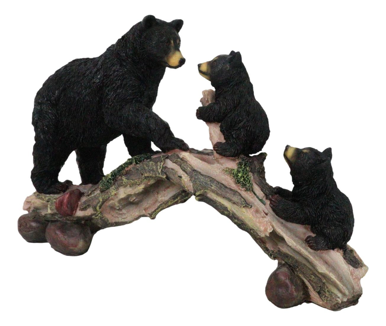Rustic Forest Black Bear Mother and 2 Cubs Climbing On Tree Log Bridge ...