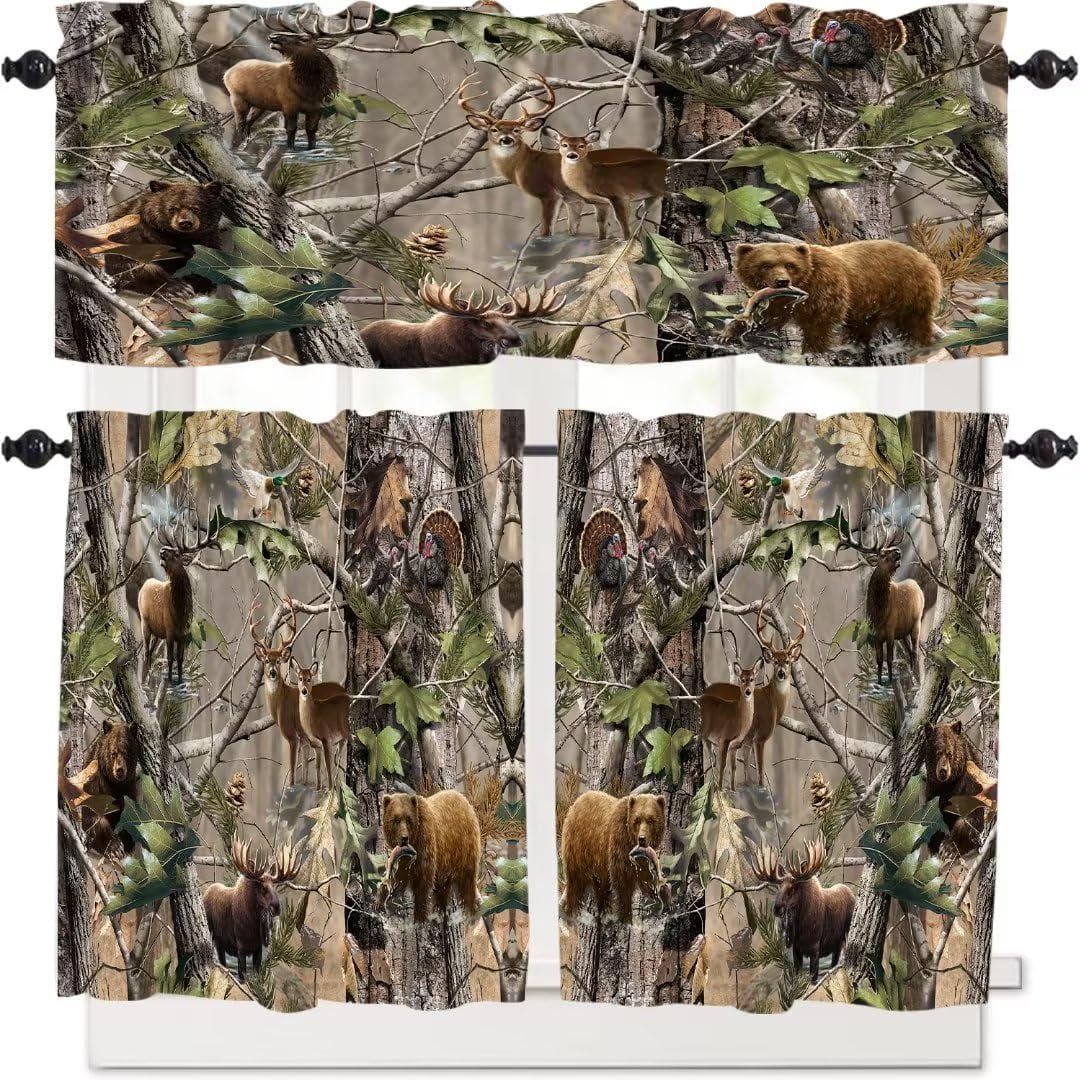 Rustic Forest Curtain Set, Camouflage Hunting Tree Camo Deer Elk Bird ...