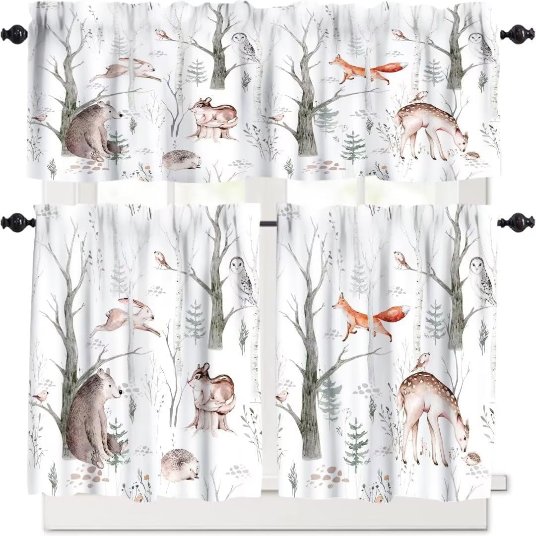 Rustic Forest Curtain Set, Watercolor Woodland Animals Owl Hedgehog Fox ...