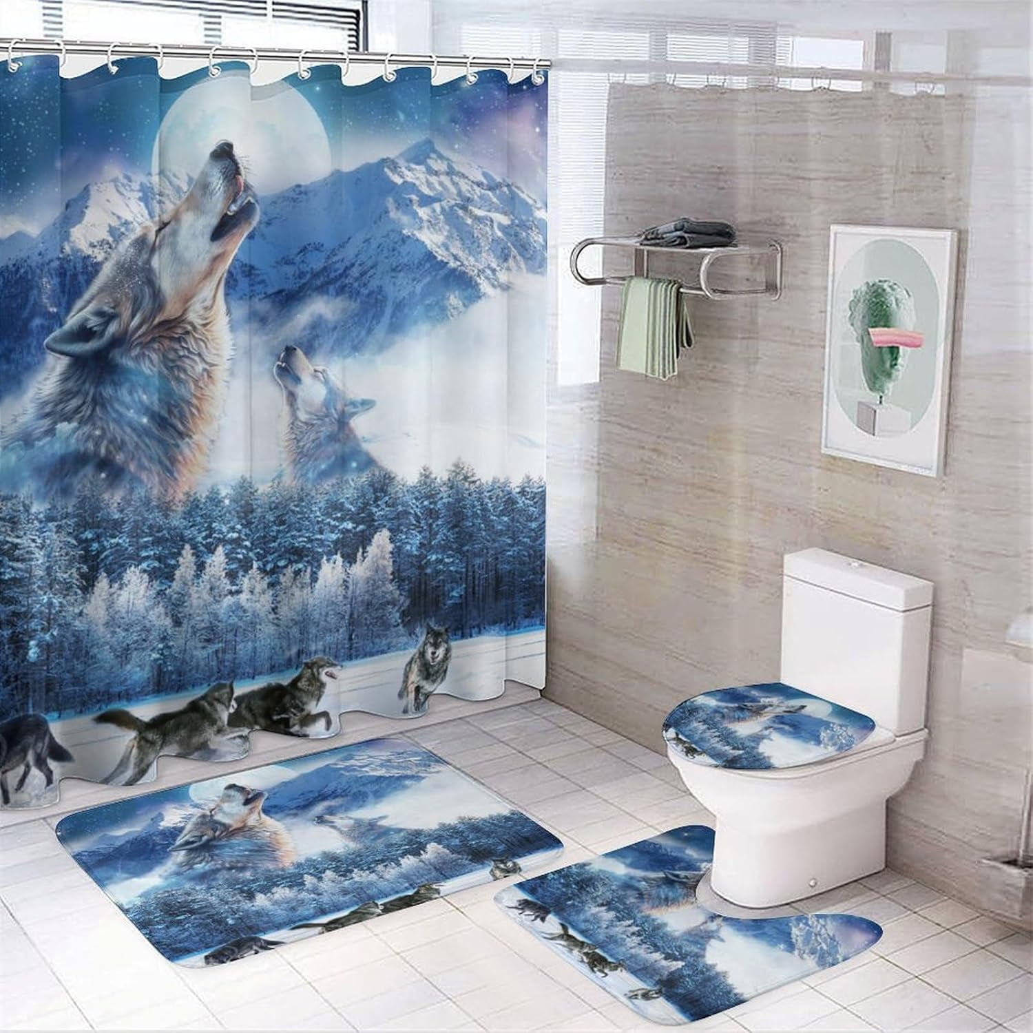 Rustic Forest Wolf 4 Pcs Waterproof Shower Curtain Set,Watercolor ...