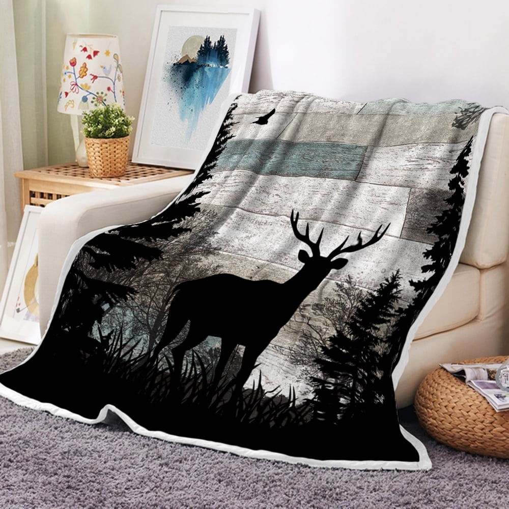 Rustic Forests Deer Throw Blanket, Farmhouse Wooden Board Tree Deer ...