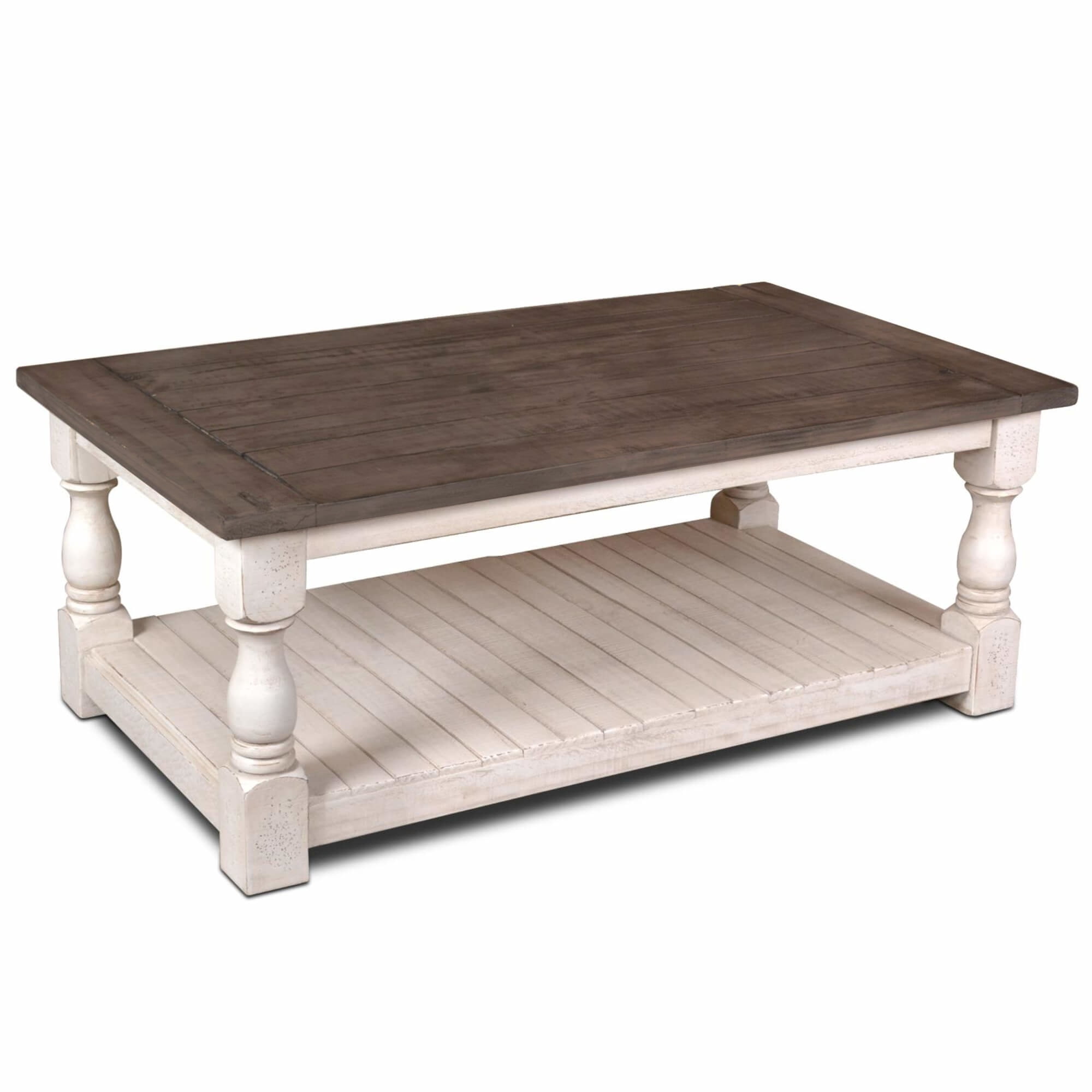 Rustic French Cocktail Table with Storage Shelf in Distressed White ...