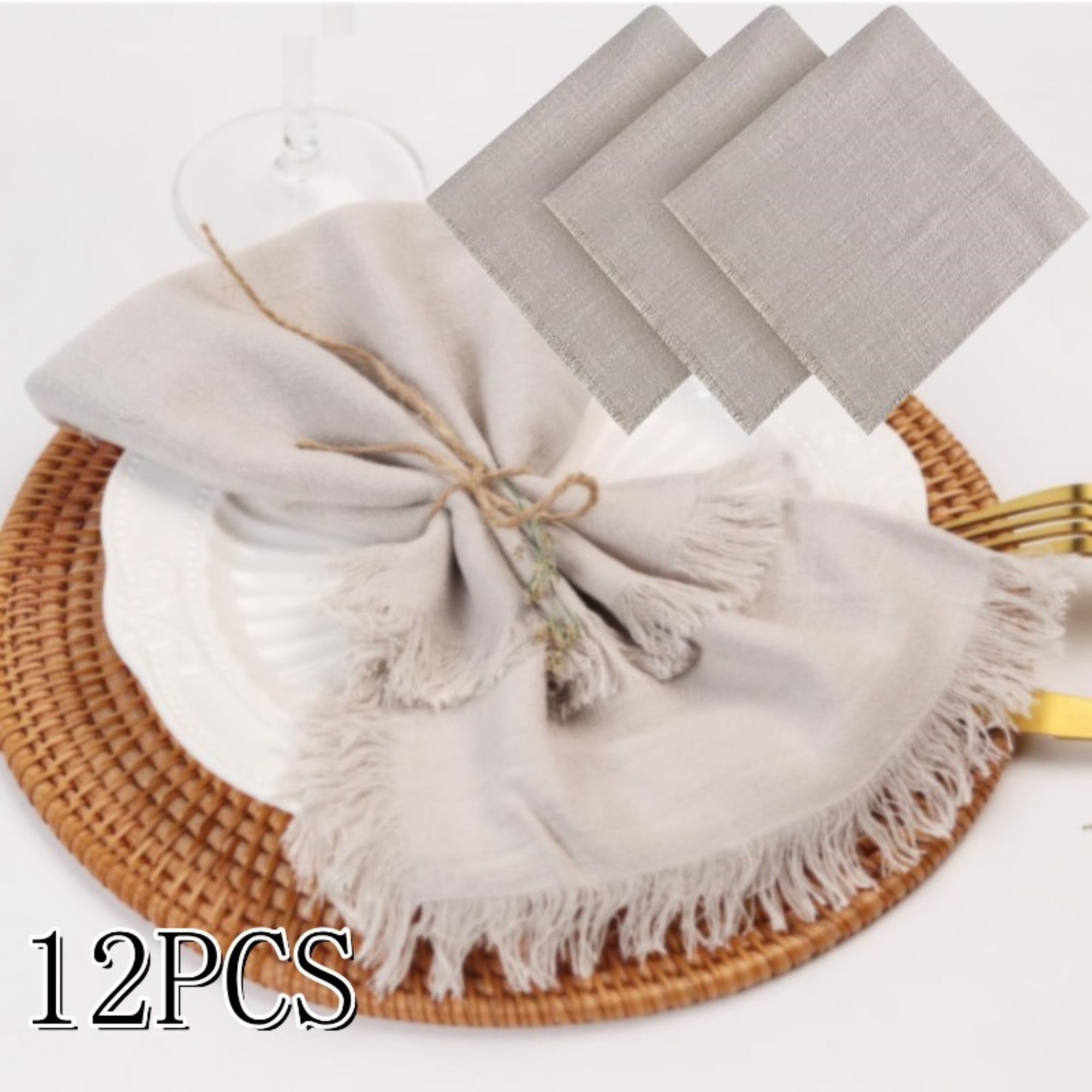 Rustic Fringe Napkins Set of 12, 100% Cotton Light Grey Table Linens ...