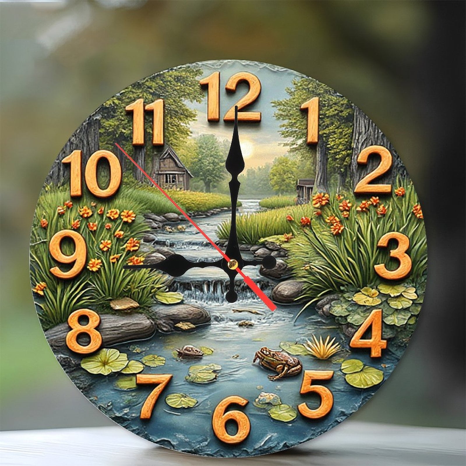 Rustic Frog Pond Scene Wall Clock 10-Inch Silent Wooden Wall Clock ...