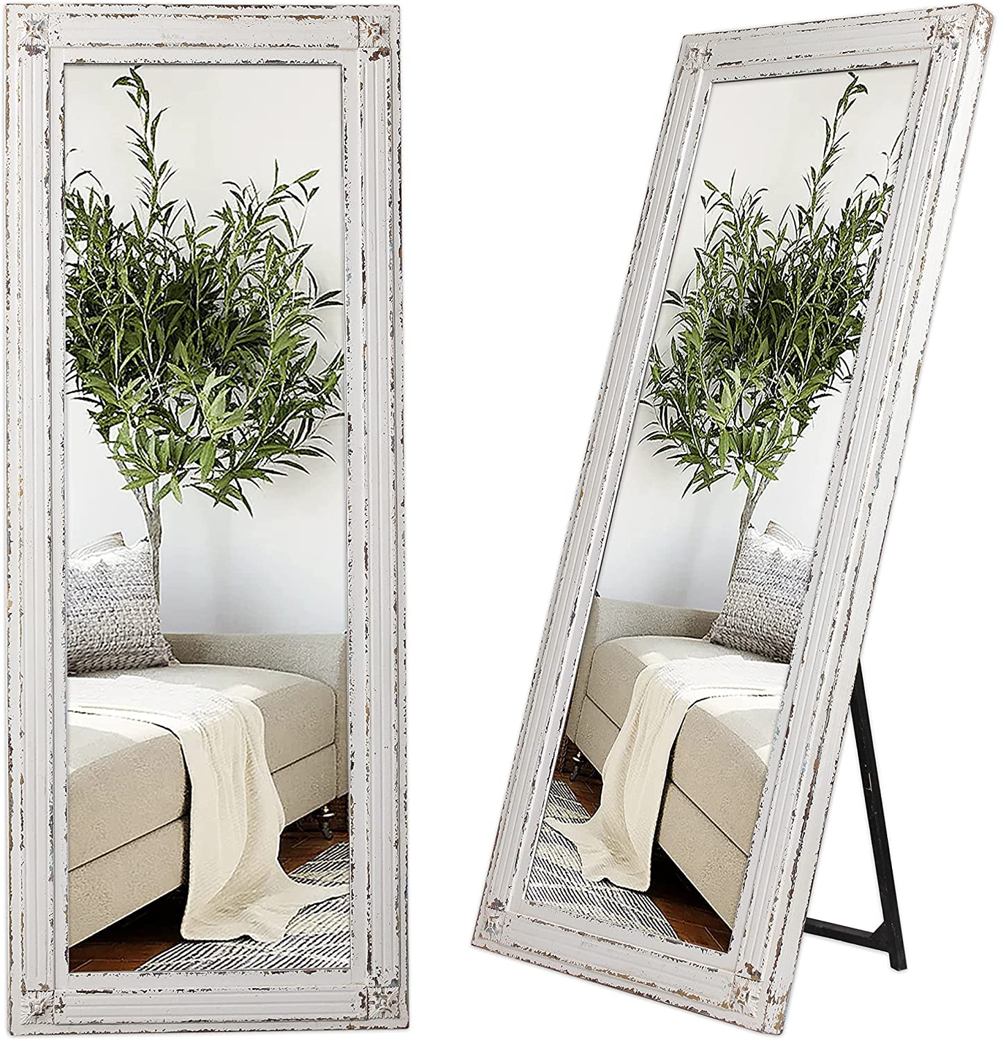 Rustic Full Length Mirror with Stand 60" x 24", Hanging White Farmhouse ...