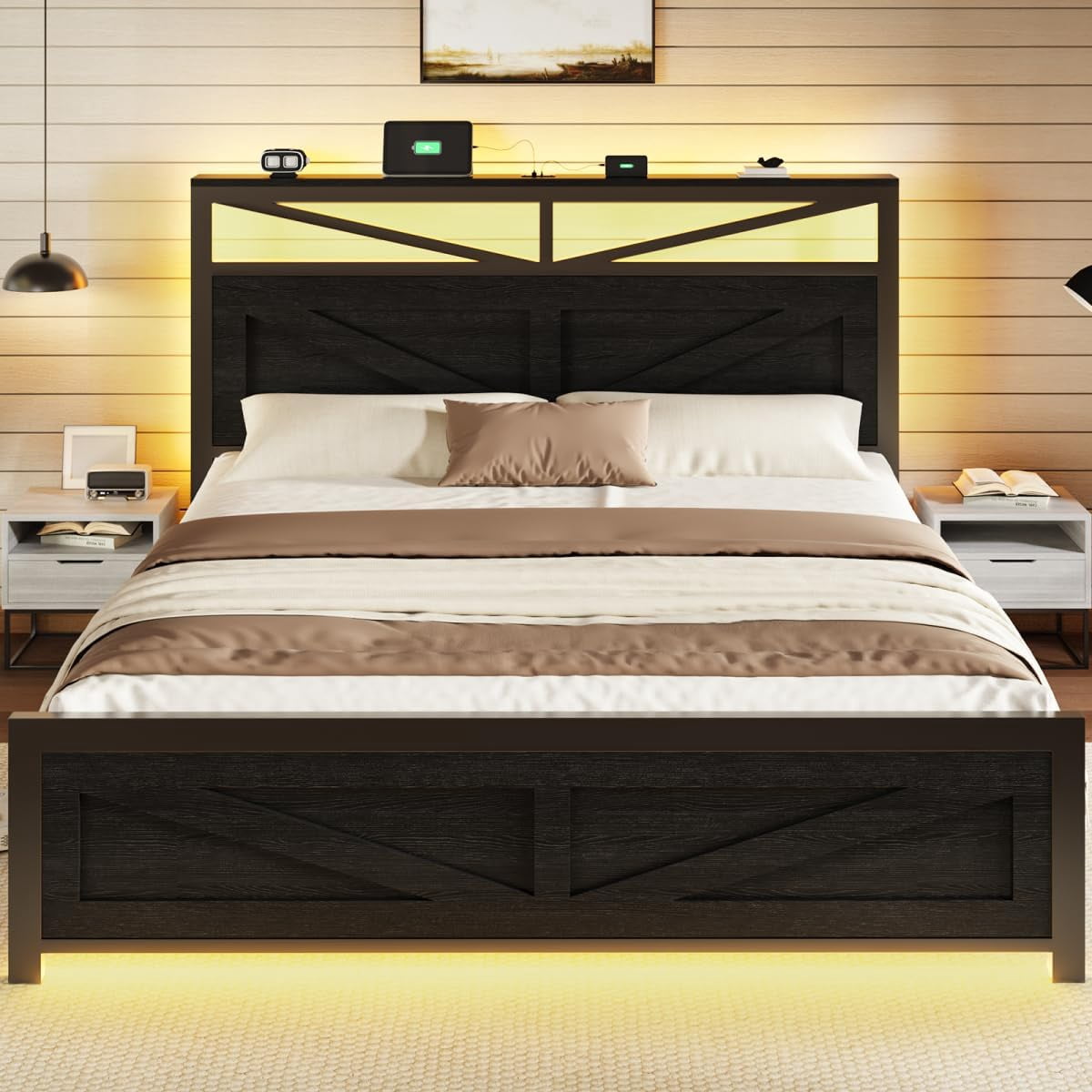 Rustic Full Size Bed Frame with Barn Door Headboard and Storage ...