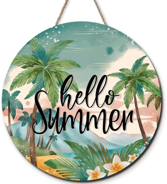 Rustic Funny Decor Round Wooden Hello Summer Hanging Door Sign Tropical ...