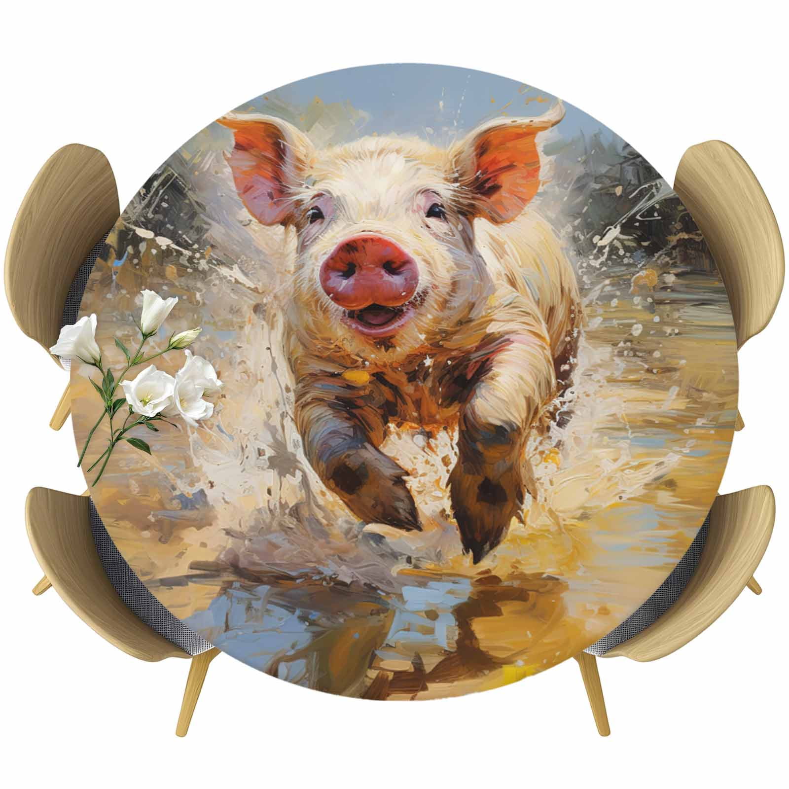 Rustic Funny Round Fitted Table Cover Pig Yellow Running Pig Oil ...