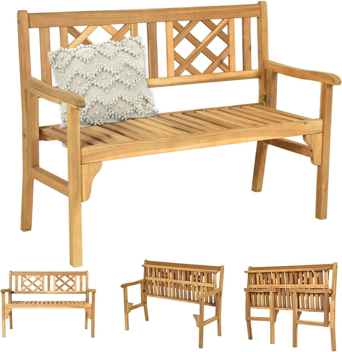 Rustic Garden Bench, Foldable Outdoor Bench with High Back & Armrest, 4 ...