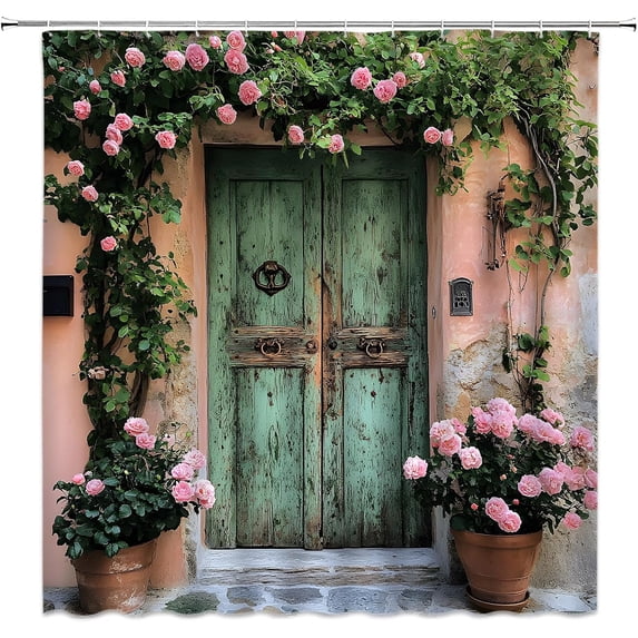 Rustic Garden Shower Curtain Farmhouse Wooden Door Pink Floral Lush ...