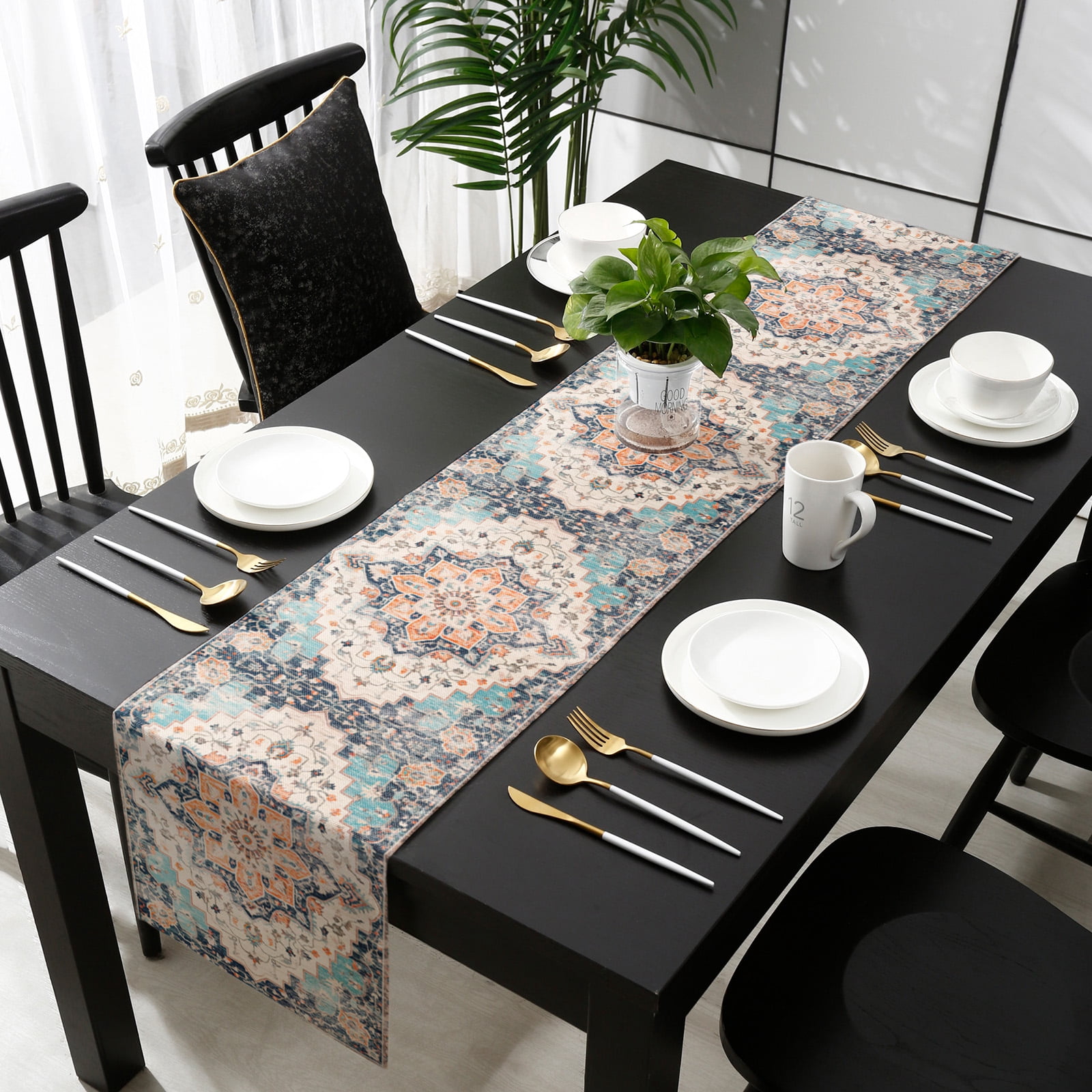Rustic Geometric, Cotton Linen Table Runner 18 x 72 inch Farmhouse ...