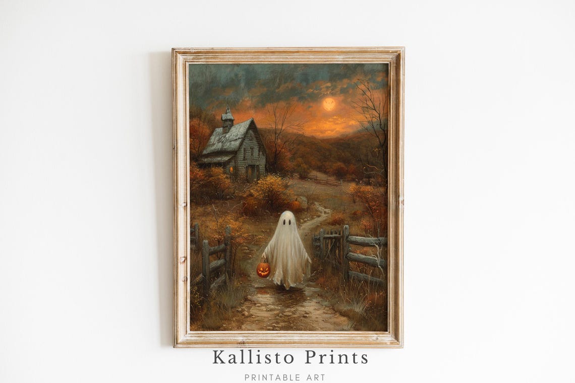 Rustic Ghost & Jack-O'-Lantern Poster Art, Spooky Country Scene , Cozy ...