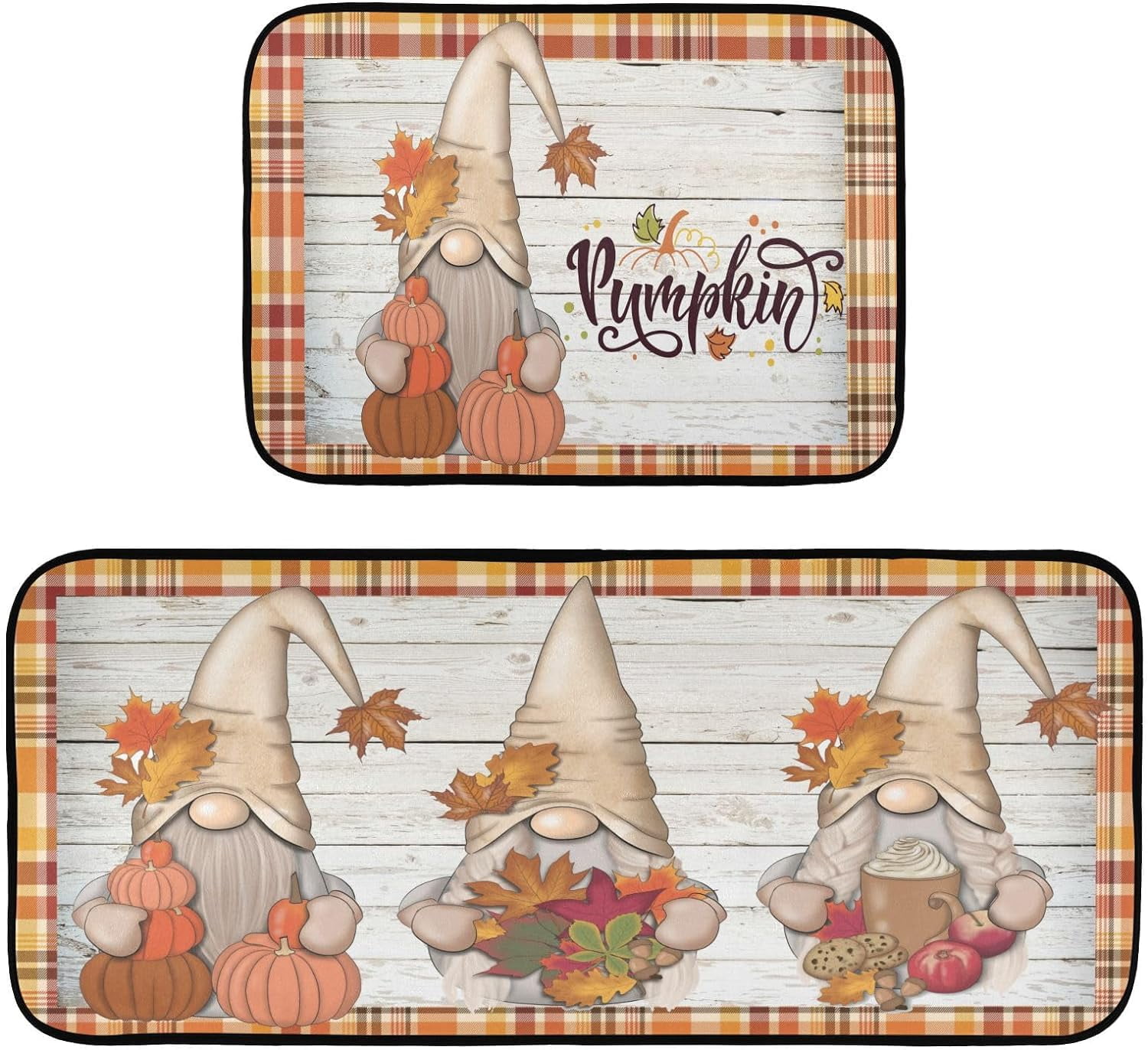 Rustic Gnome Maple Pumpkins Orange Plaid Kitchen Rug and Mat Set of 2 ...