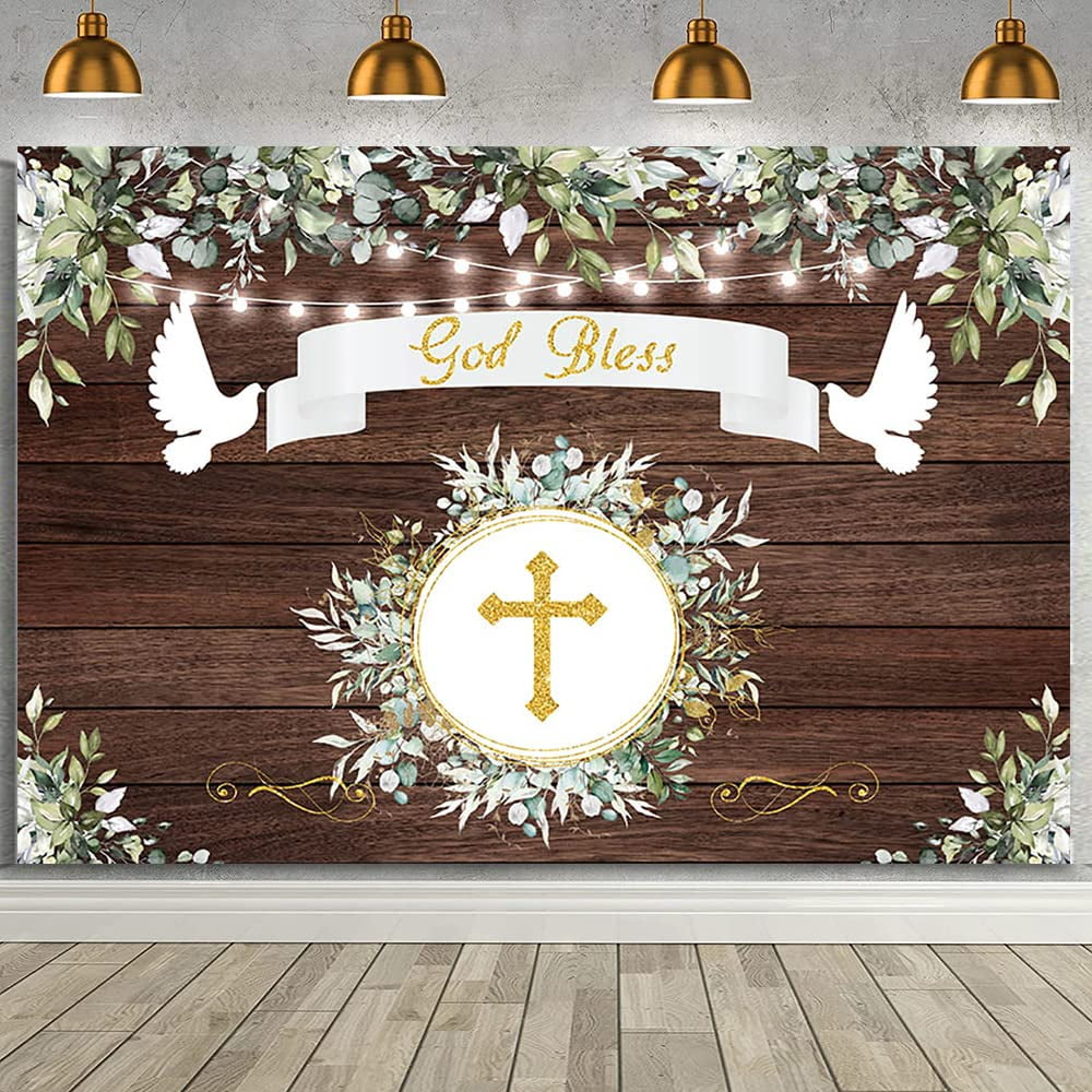 Rustic God Bless Baptism Backdrop First Holy Communion Party Photo ...
